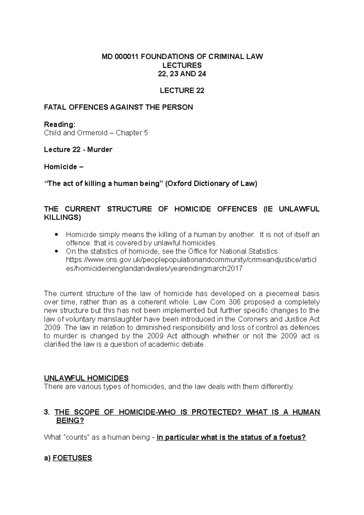 Week eight 22 23 24-3 - Fatal Offences against the person, Murder ...