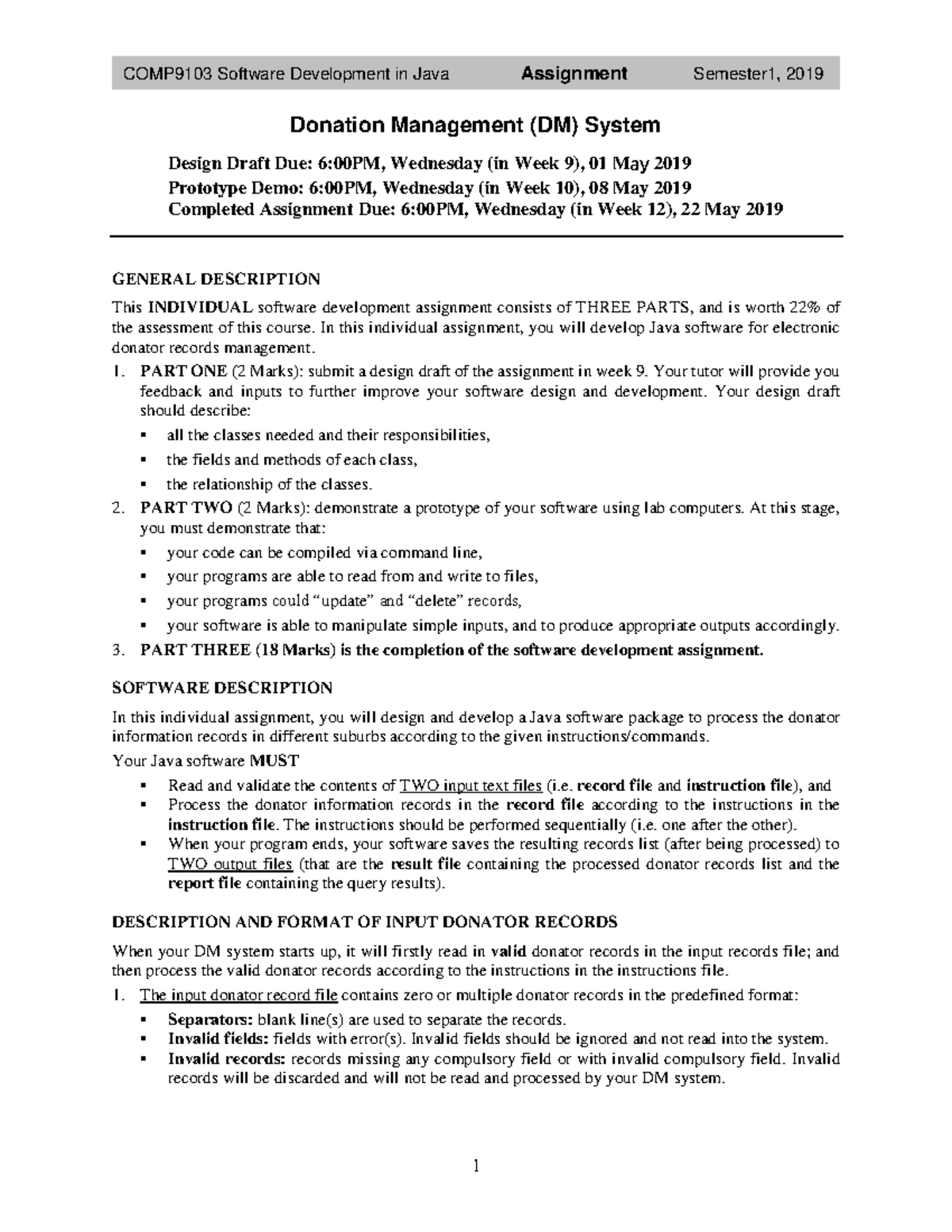 Java assignment COMP9103 2019 S1 - Assignment COMP9103 Software Development in Java Semester1 ...