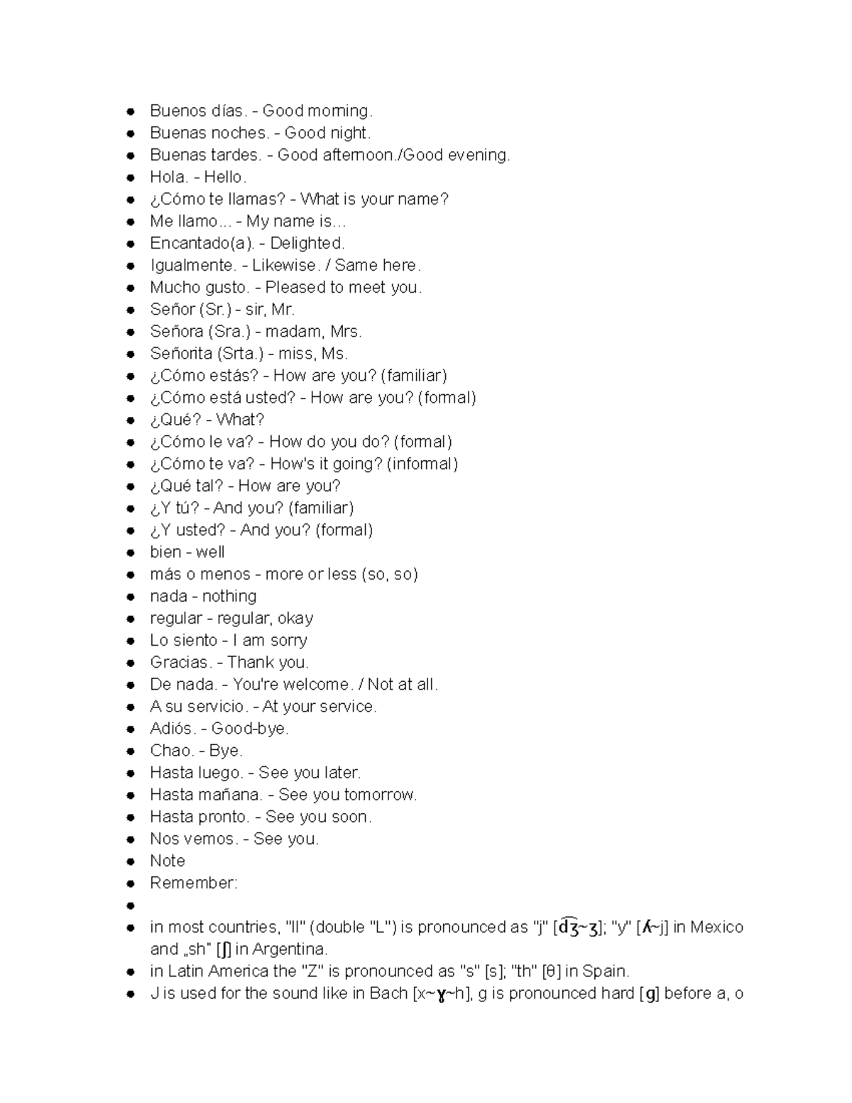 Spanish 1 intro - Lecture notes from class - Buenos días. - Good ...