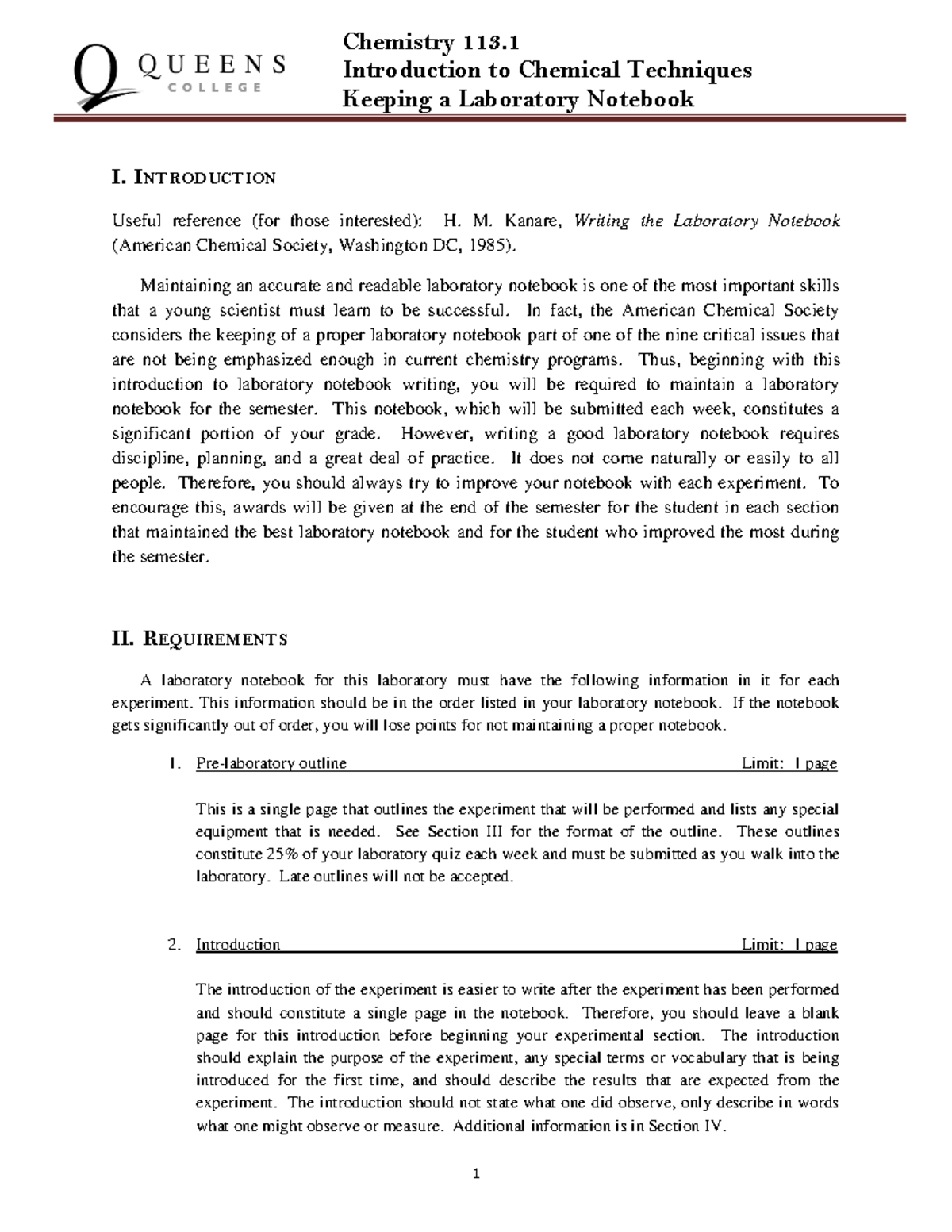 LR2-Keeping a Lab Notebook - Chemistry 113 Introduction to Chemical ...