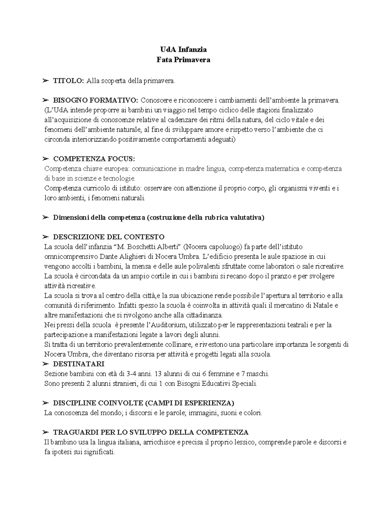 Attività infanzia Ud A - UdA Infanzia Fata Primavera TITOLO: Alla ...