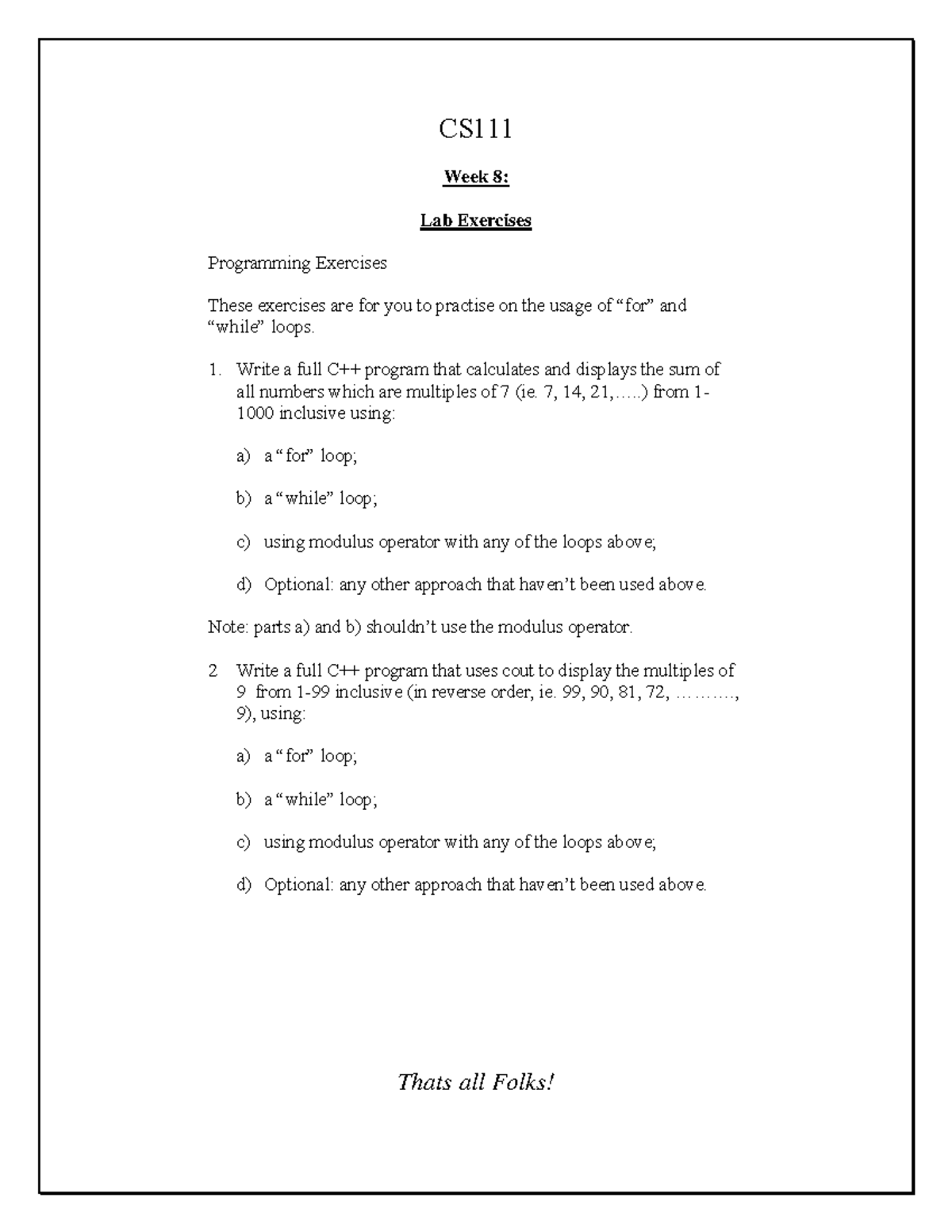 Week 8 Lab Cs Week 8 Lab Exercises Programming Exercises These Exercises Are For You To
