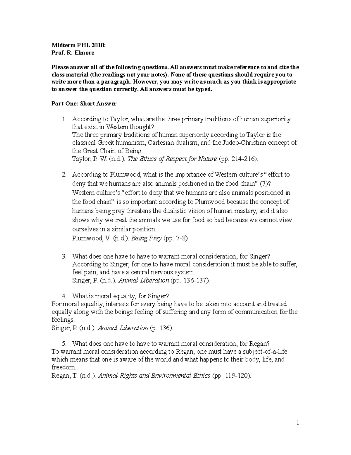 Midterm PHL 2010 Fall 2022 - Midterm PHL 2010: Prof. R. Elmore Please answer all of the ...