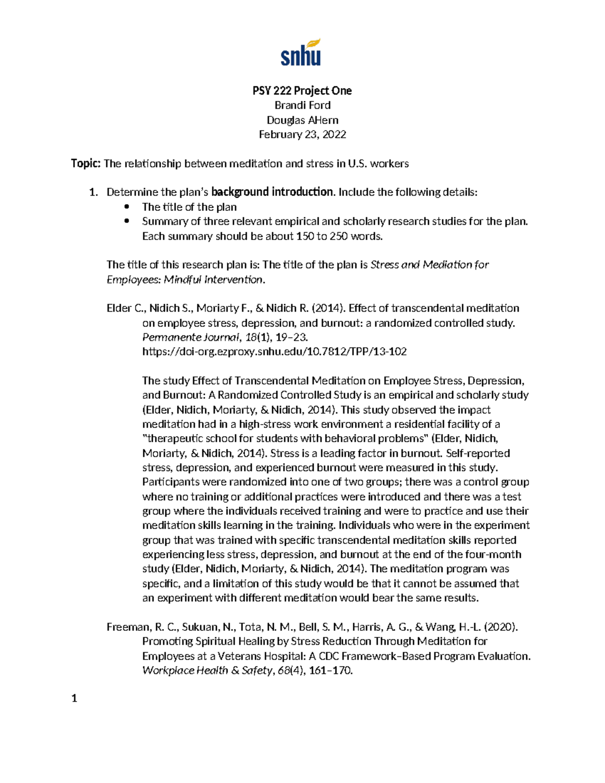 Project One assignment - PSY 222 Project One Brandi Ford Douglas AHern ...