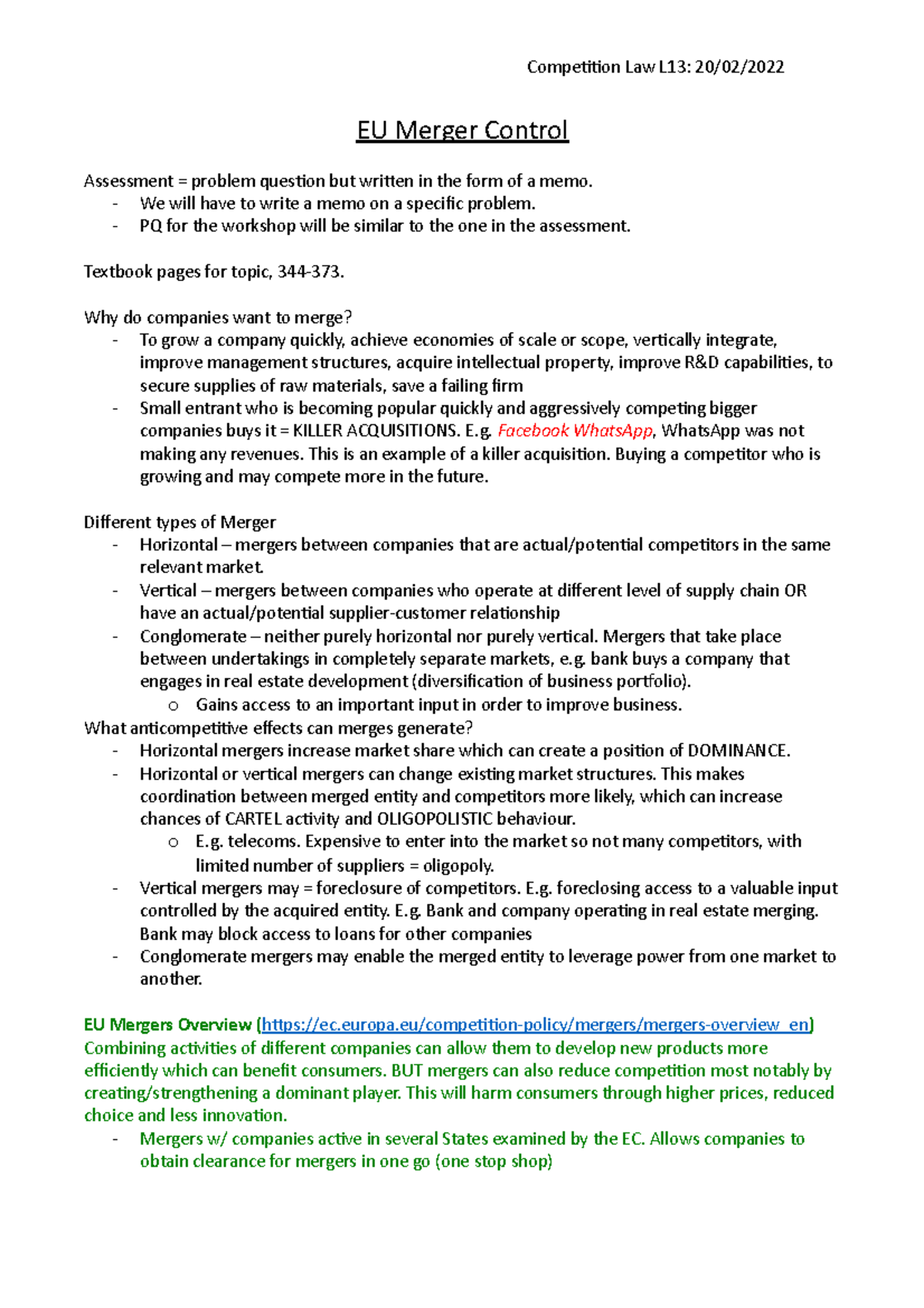 Lecture 13 - EU Merger Control - EU Merger Control Assessment = problem ...
