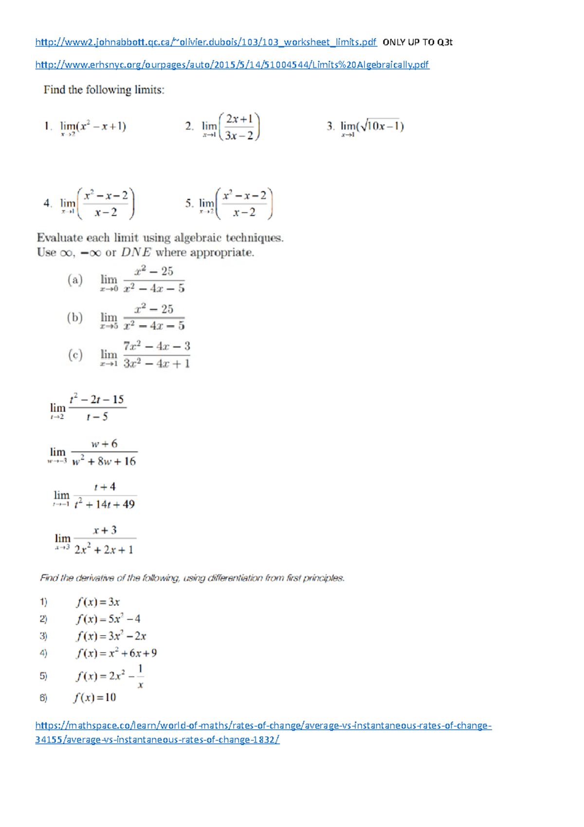 Limits worksheet - 12340xdh - PHYS3071 - www2.johnabbott.qc/~olivier ...