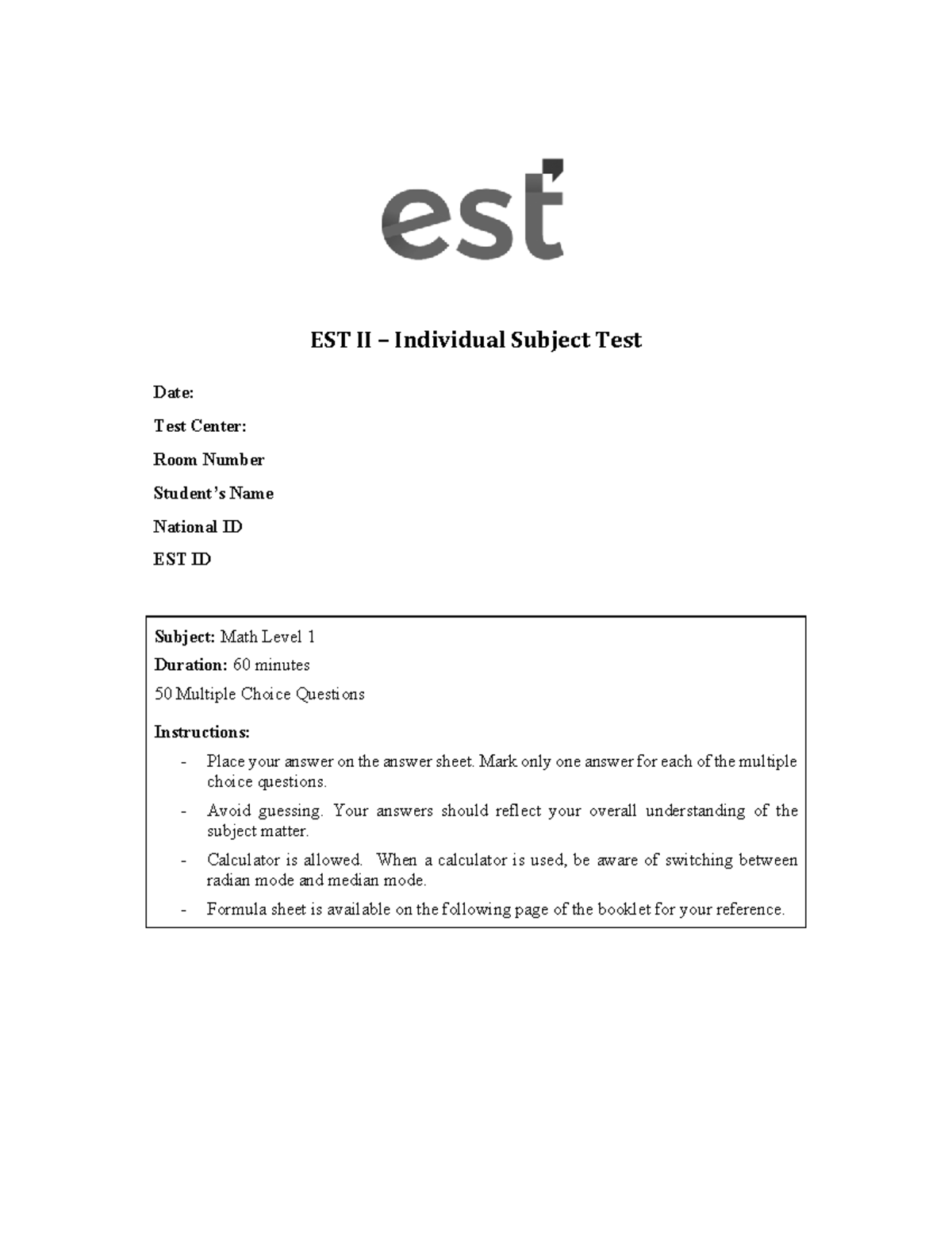 EST 2 Math Level 1 - Test Sample - EST II – Individual Subject Test ...