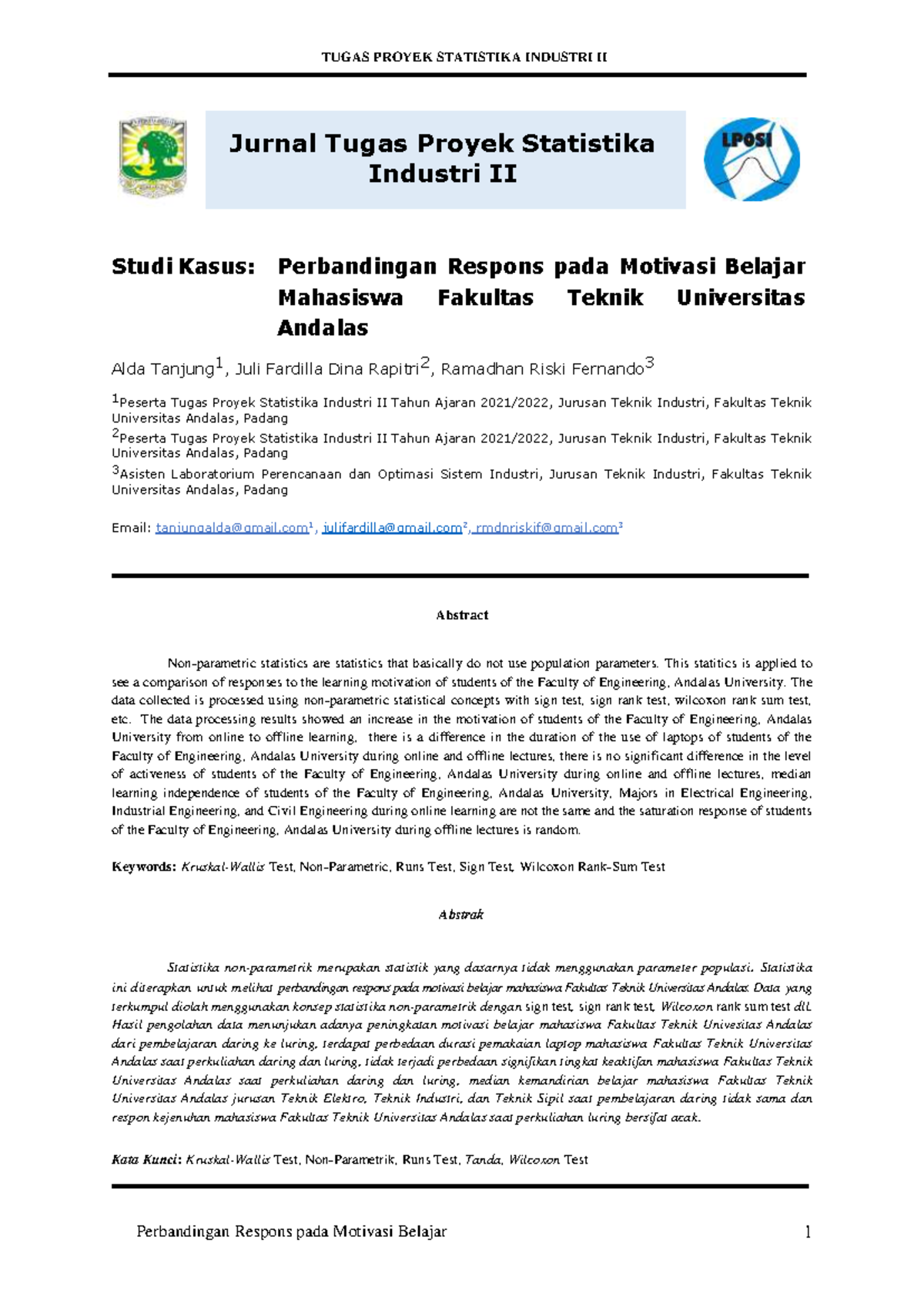 Jurnal 15B Tugas Proyek 3Statind II - Juli Fardilla - 1 TUGAS PROYEK STATISTIKA INDUSTRI II ...