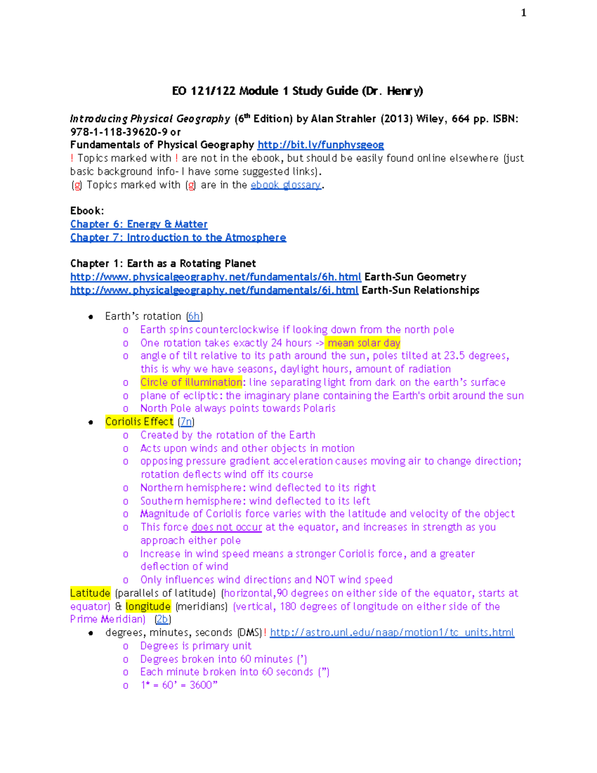 Module 1 Studyguide - EO 121/122 Module 1 Study Guide (Dr. Henry) Introducing Physical Geography ...