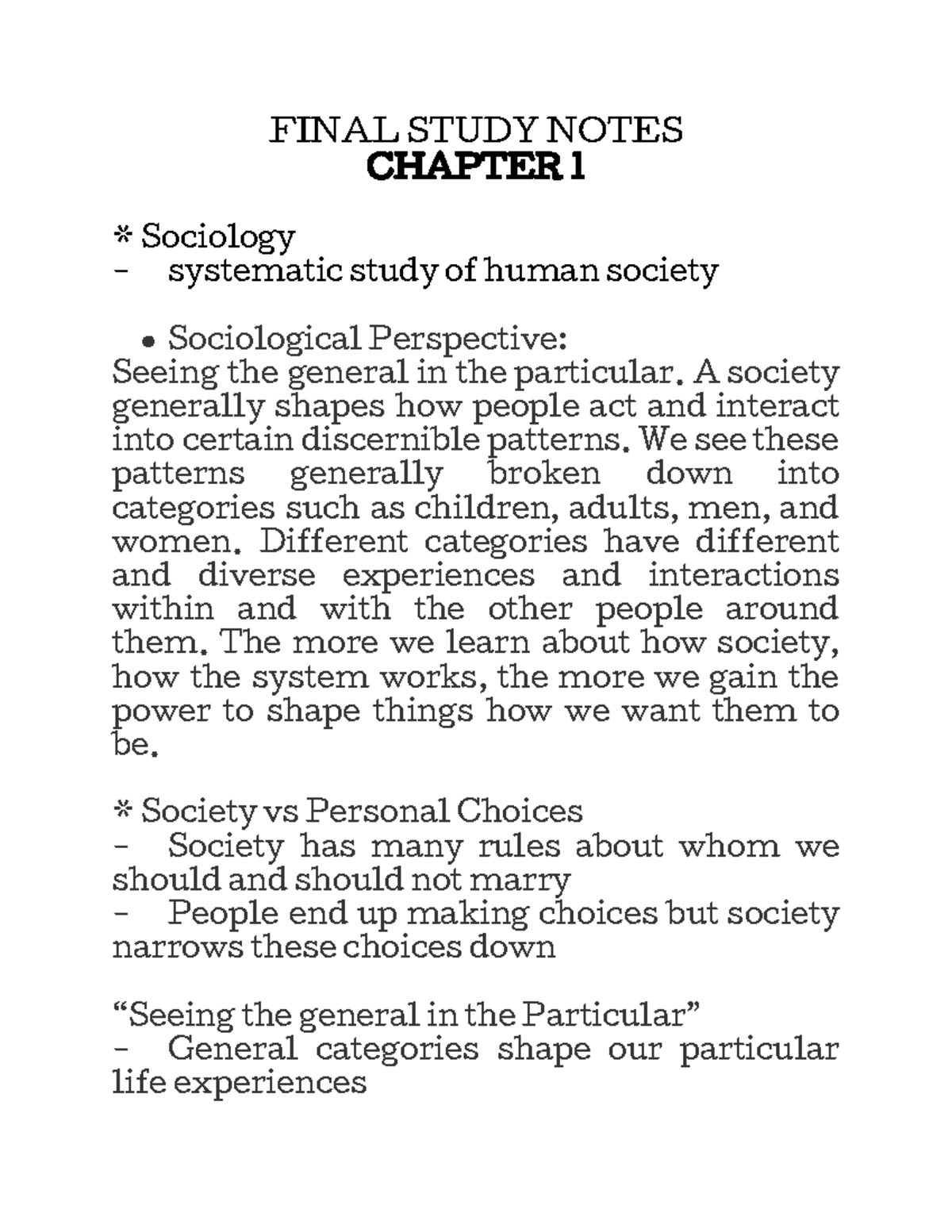 SA 21 Final Study Notes - FINAL STUDY NOTES CHAPTER 1 Sociology ...