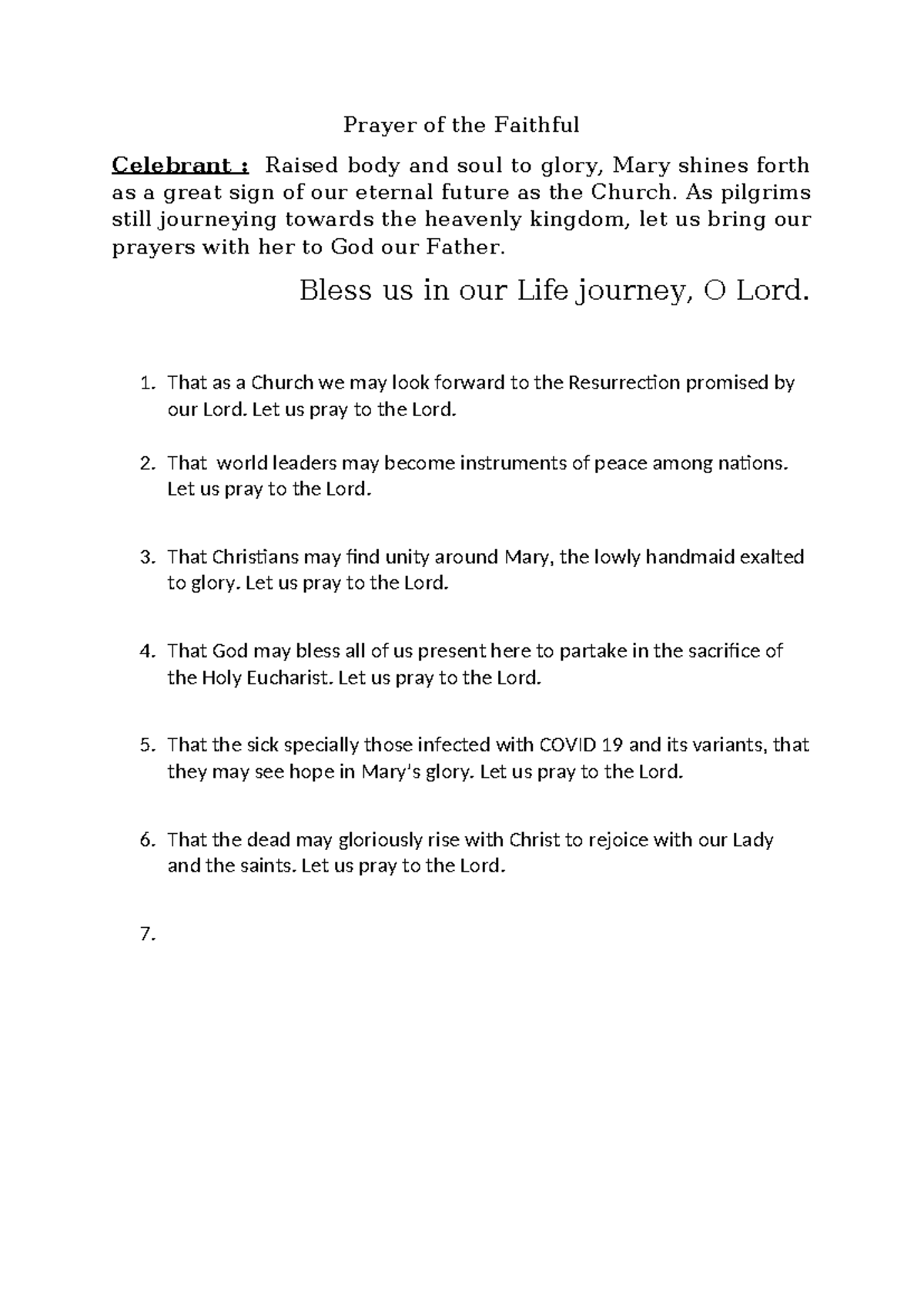 Prayer of the Faithful - August - Prayer of the Faithful Celebrant ...