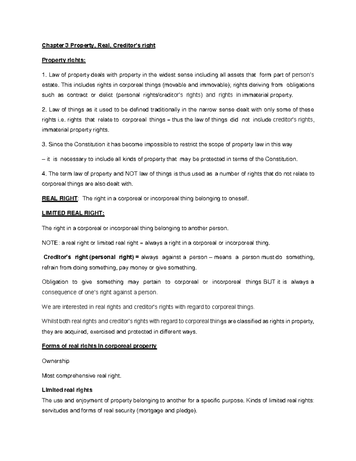 Law of Property PDF - Chapter 3 Property, Real, Creditor’s right ...