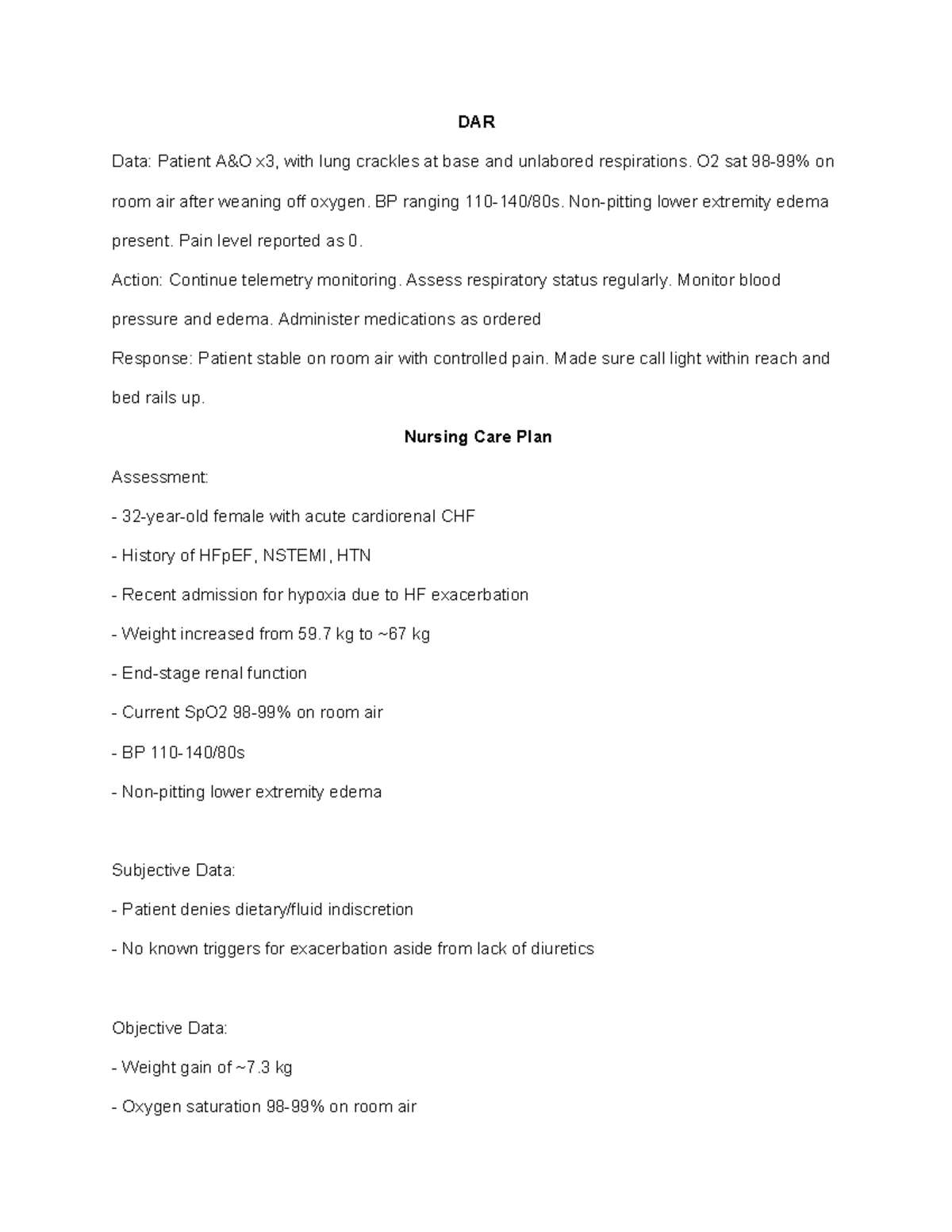 DAR , med, care plan 09:30 - DAR Data: Patient A&O x3, with lung ...