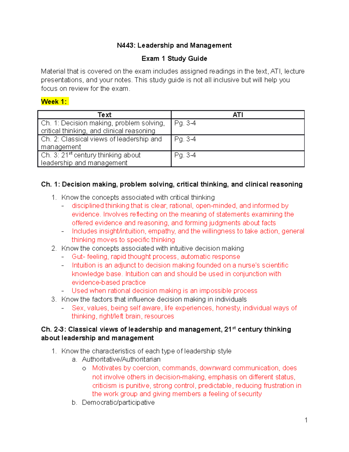 N443 Exam 1 Study Guide (2) - N443: Leadership and Management Exam 1 ...