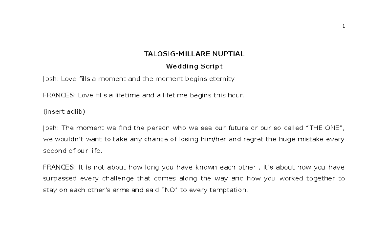 Wedding Final Talosig Millare - TALOSIG-MILLARE NUPTIAL Wedding Script Josh: Love fills a moment ...