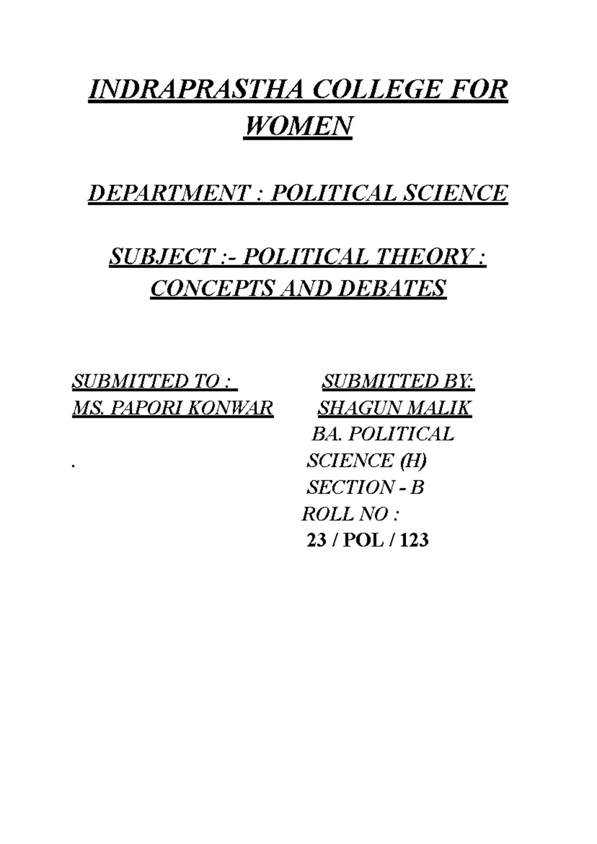 Assssignment - Assignment - INDRAPRASTHA COLLEGE FOR WOMEN DEPARTMENT ...