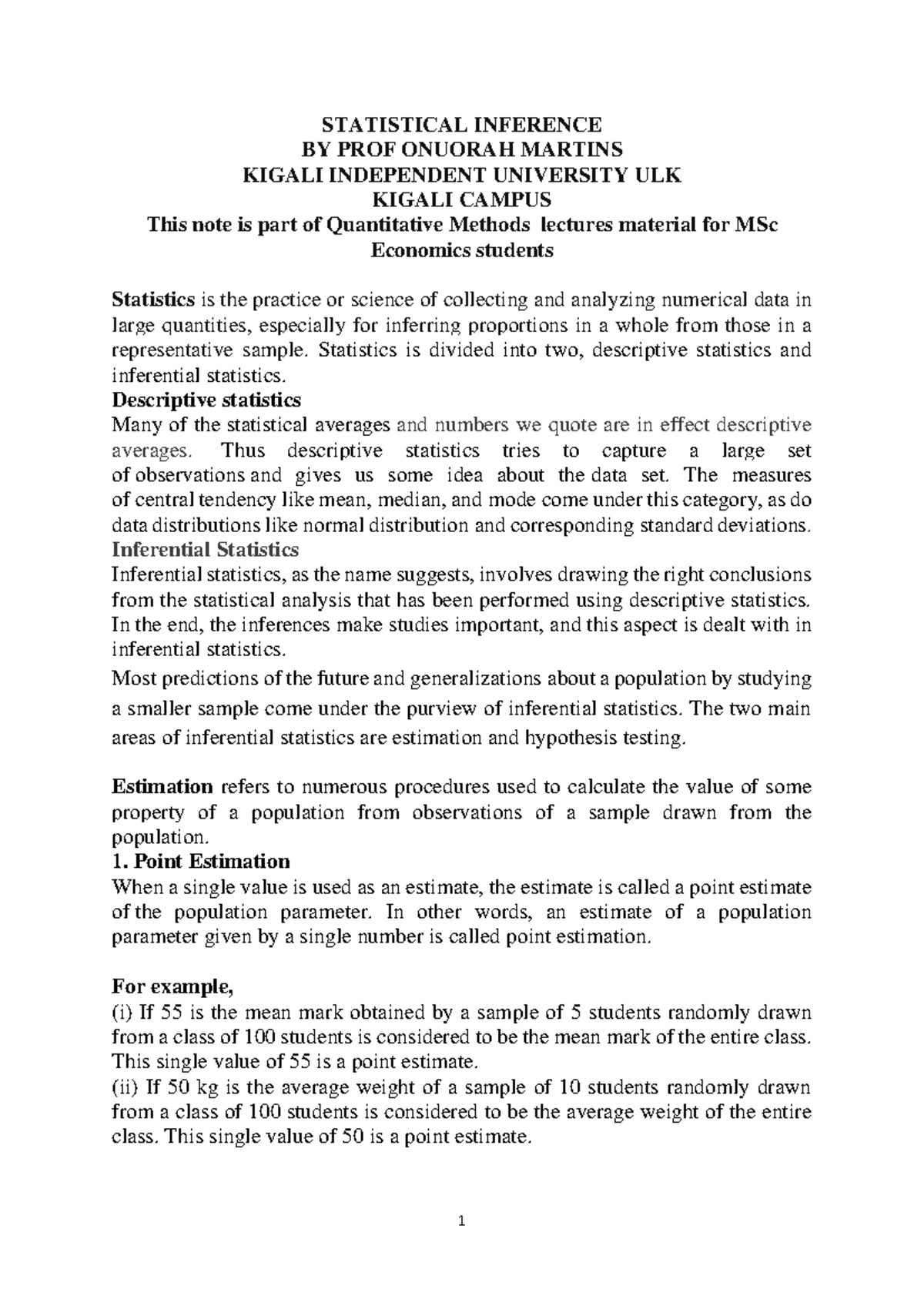 Statistical Inference notes - STATISTICAL INFERENCE BY PROF ONUORAH ...