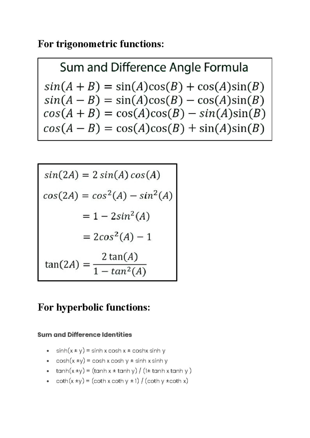 Formulae needed for integration of products of trig and hyper functions ...