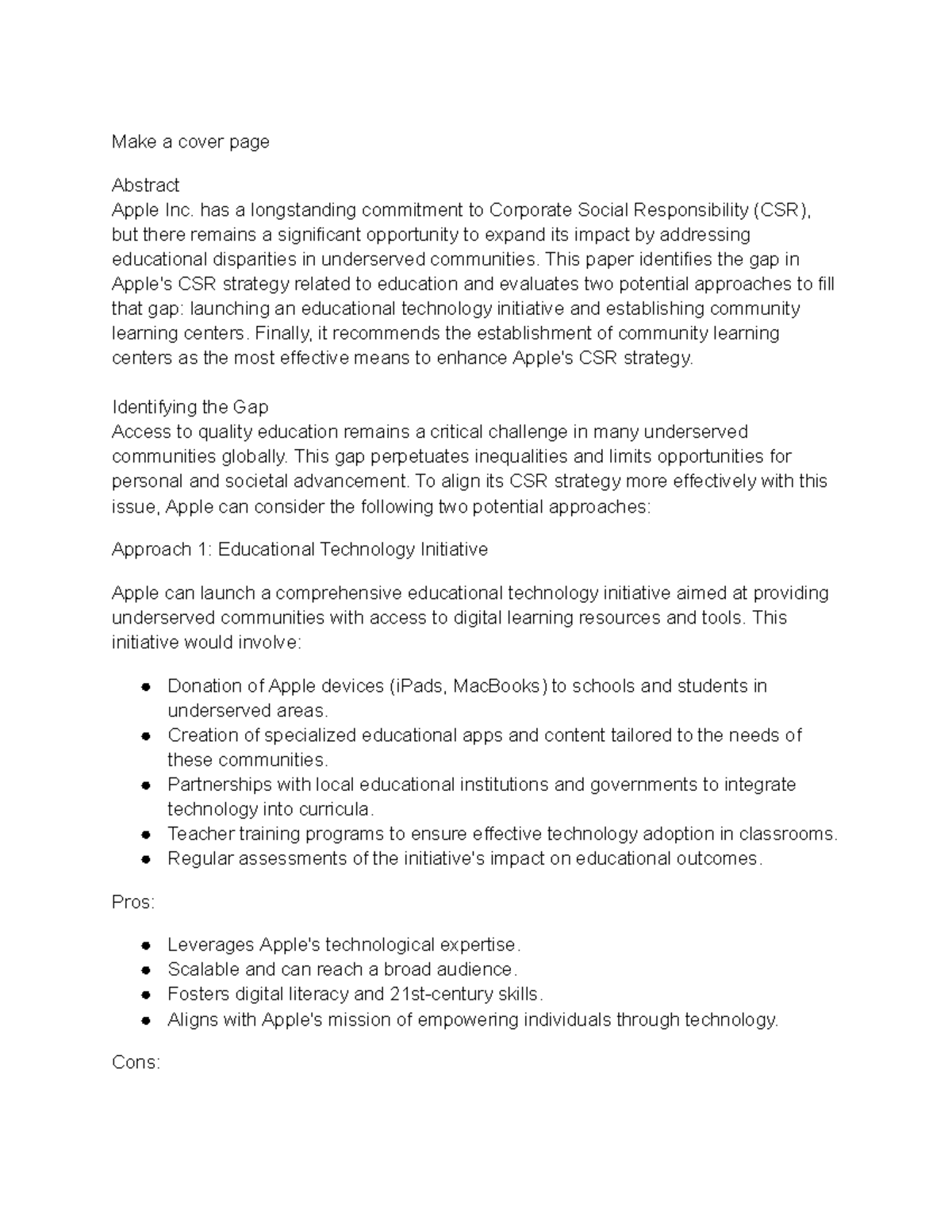 WRIT 340- CSR Report - essay outline - Make a cover page Abstract Apple ...