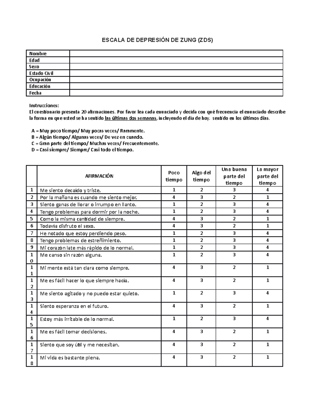Escala de Depresión de Zung - ESCALA DE DEPRESIÓN DE ZUNG (ZDS) Nombre ...