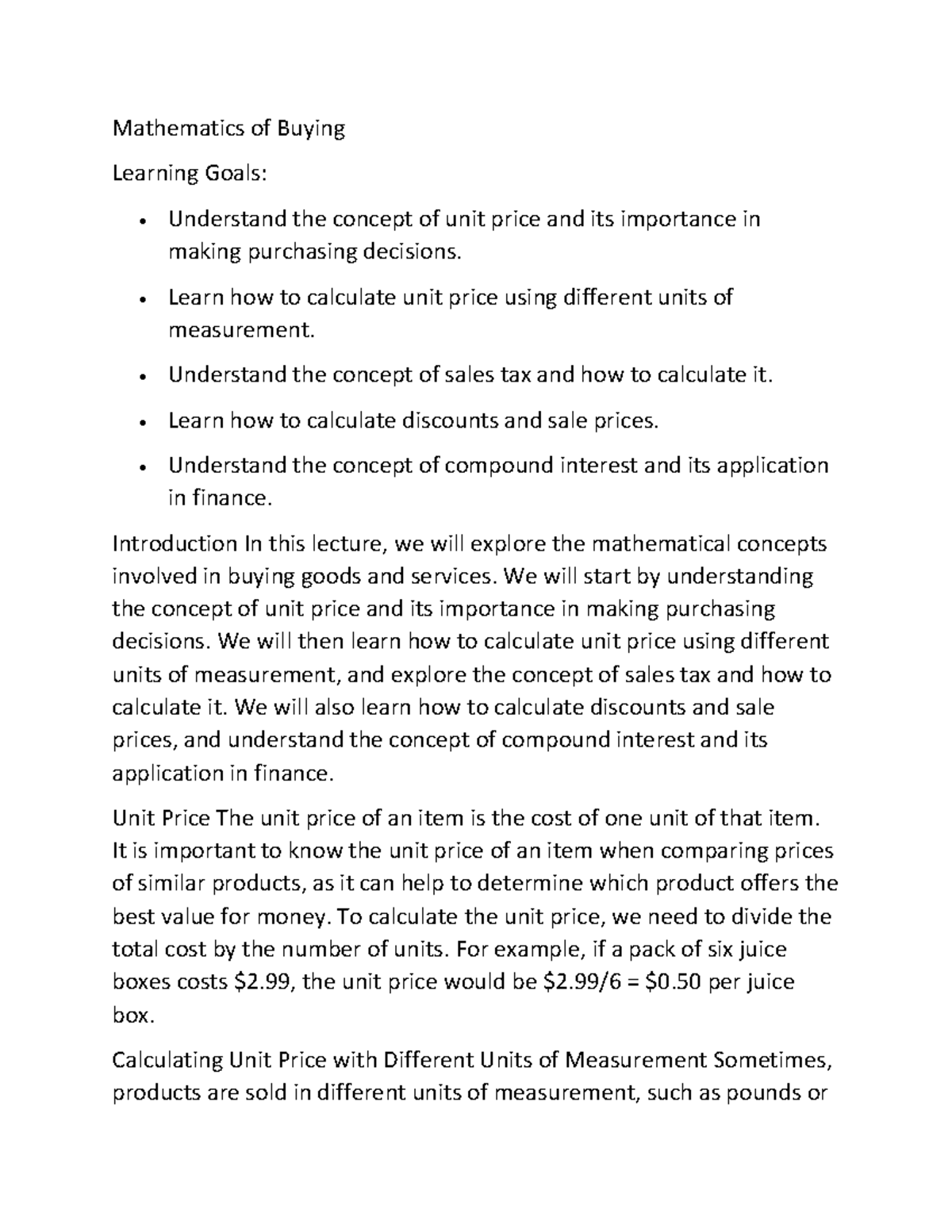 7 - we will explore the mathematical concepts involved in buying goods ...