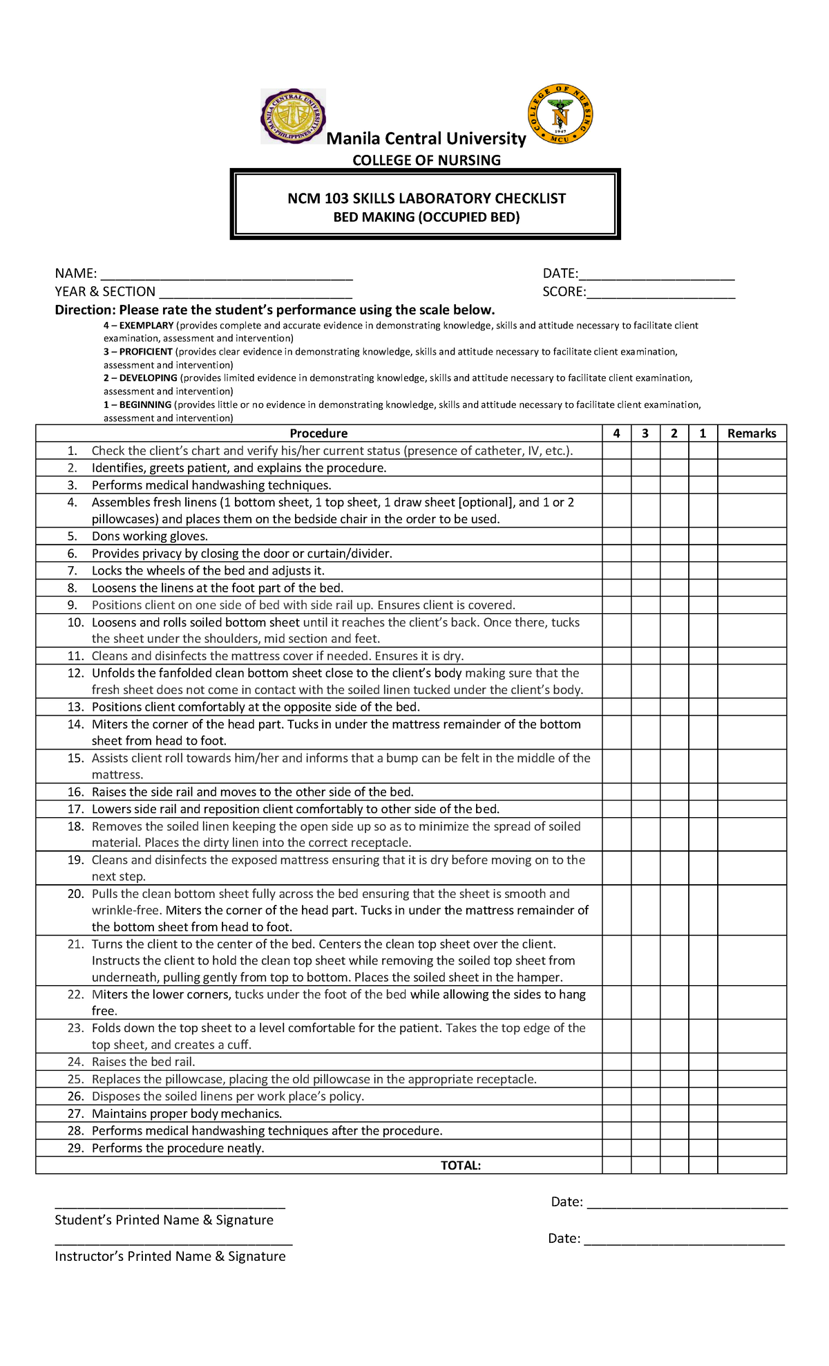 Retdem Bedmaking- Occupied - Manila Central University COLLEGE OF ...