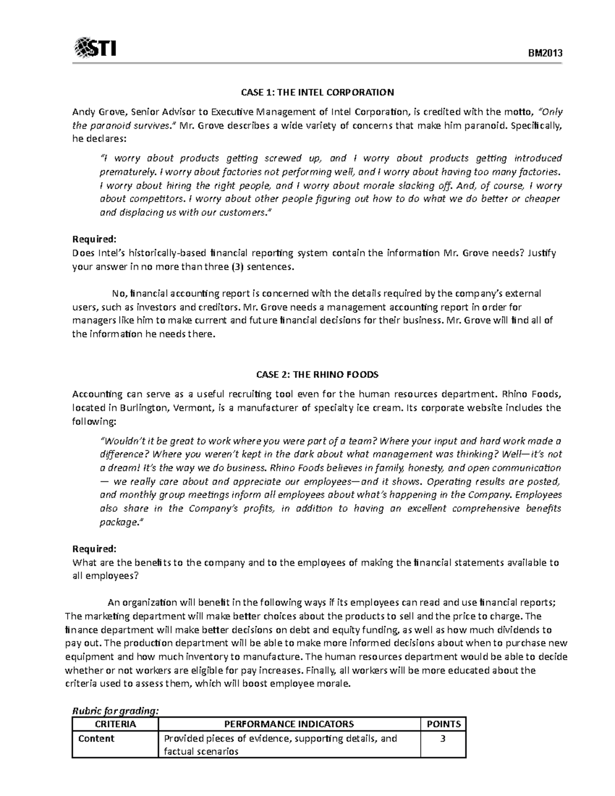 AIS-TP - ANSWER KEY TO TASK PERFORMANCE - BM CASE 1: THE INTEL ...