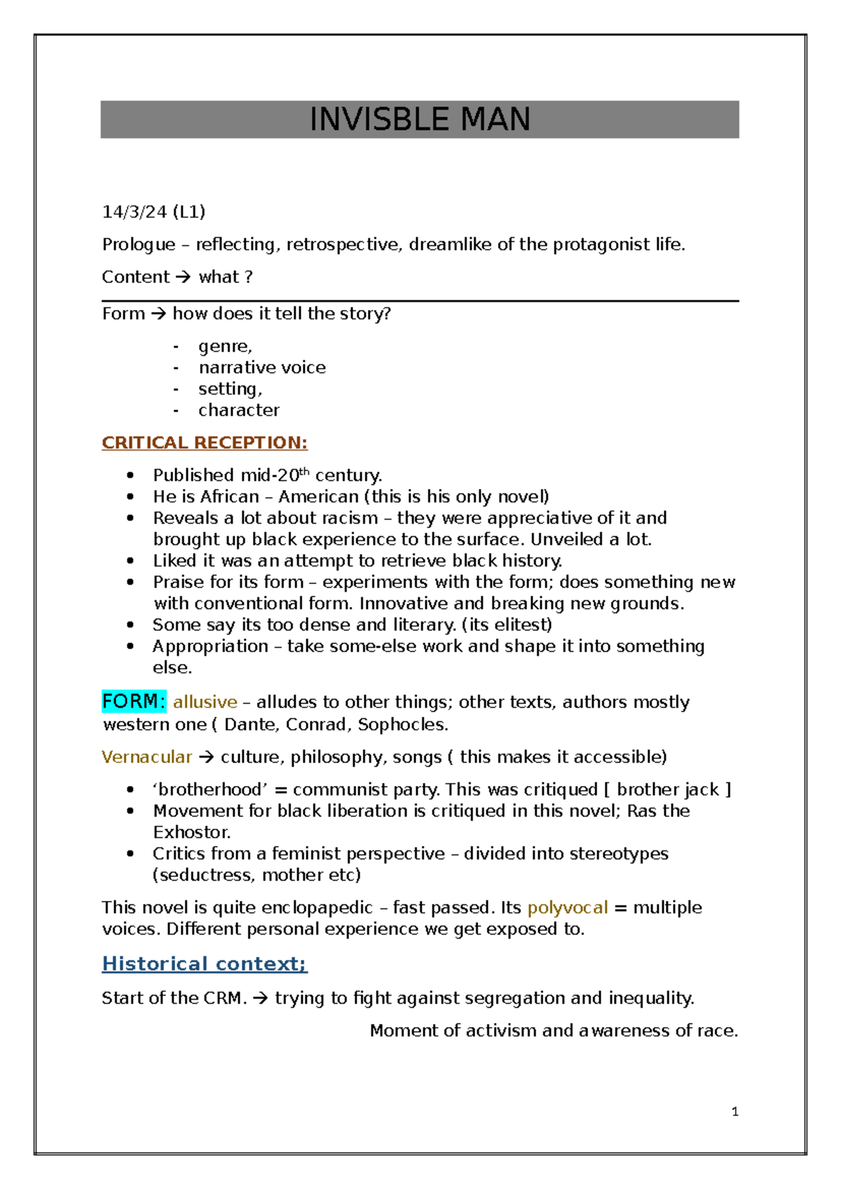 Invisible MAN lec notes - INVISBLE MAN 14/3/24 (L1) Prologue ...