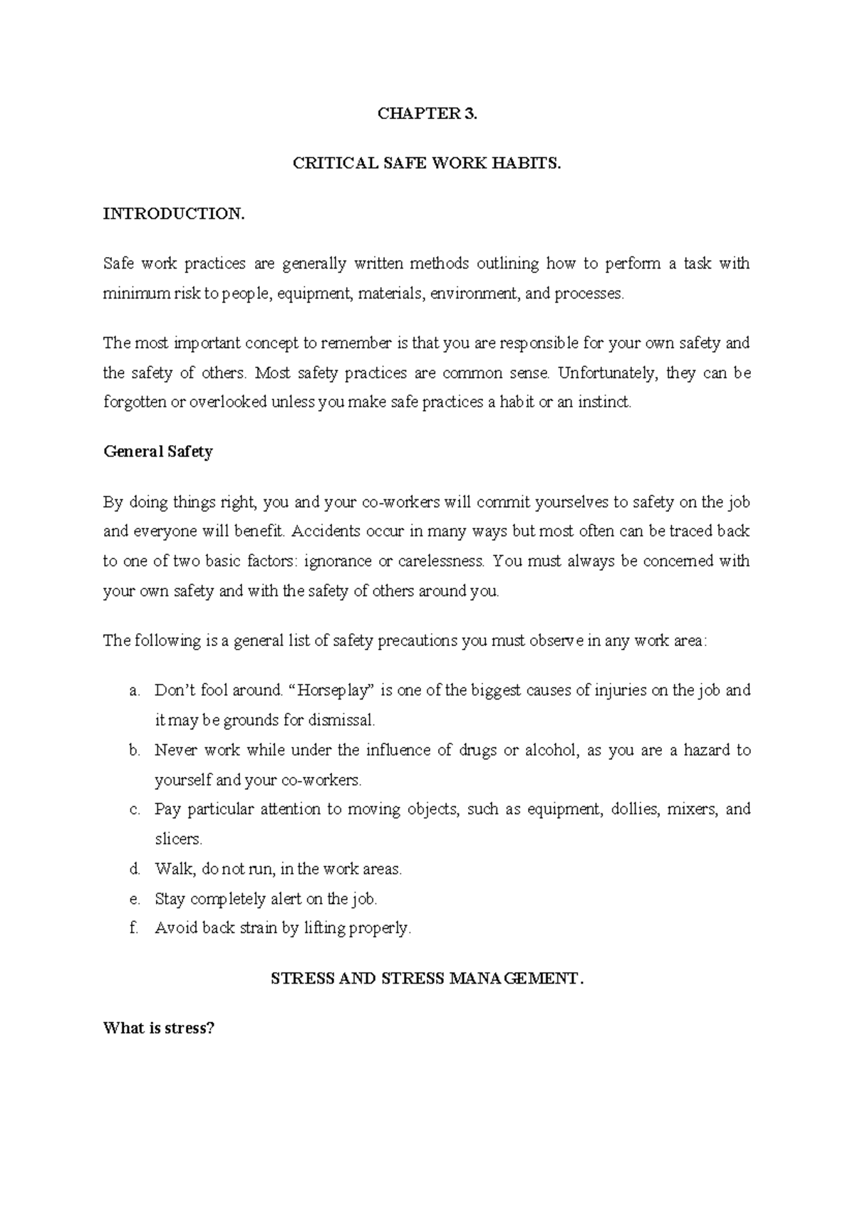 Chapter 3 - Demonstrate critical safe work habits - CHAPTER 3. CRITICAL ...