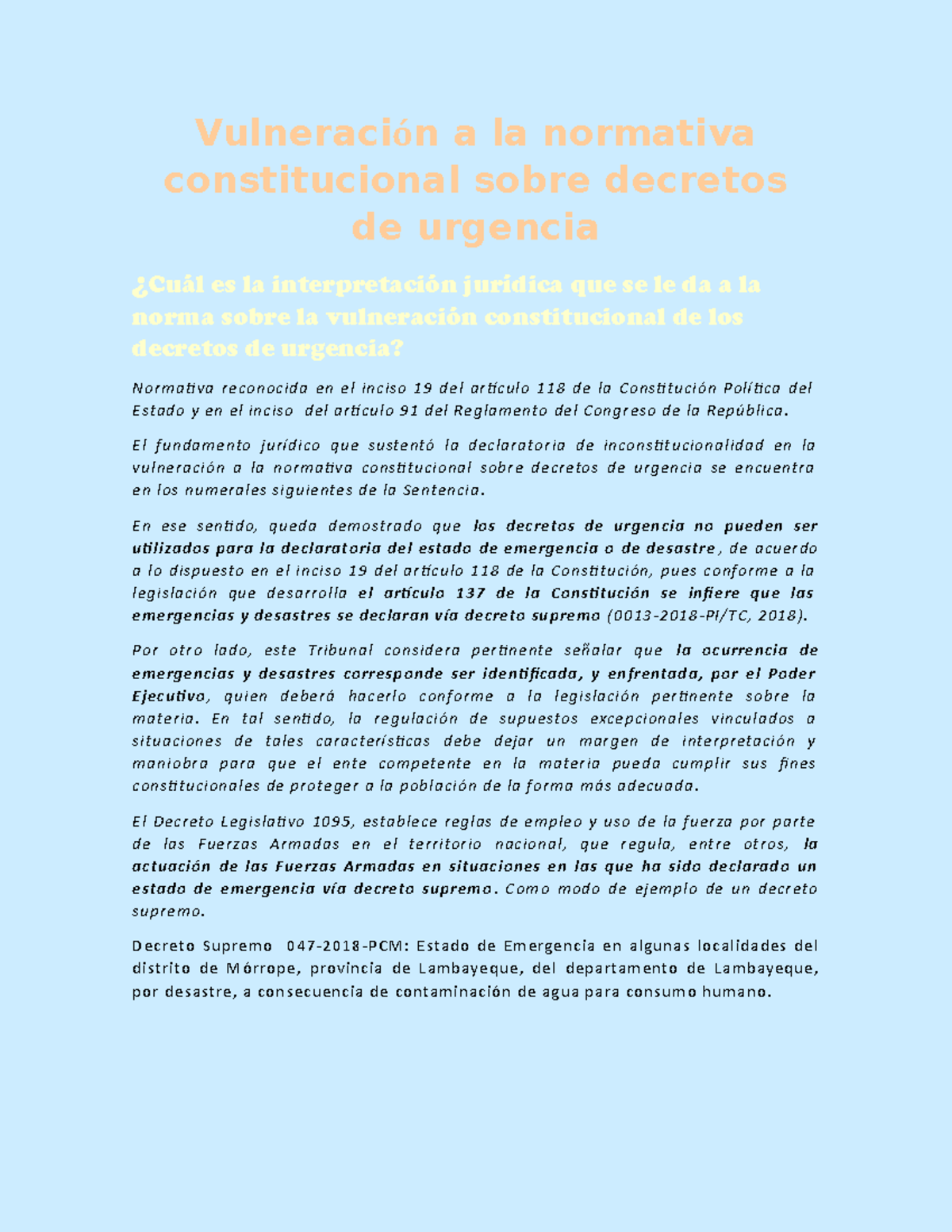 Vulneración a la normativa constitucional sobre decretos de Urgencia - Vulneración a la ...