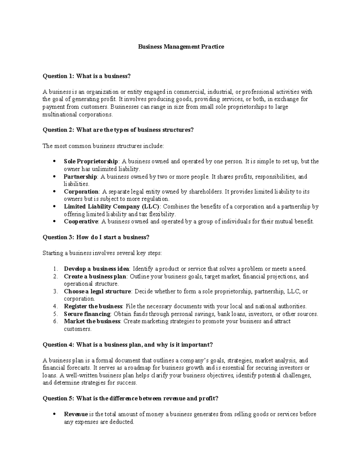 Business Management - notes - Business Management Practice Question 1 ...