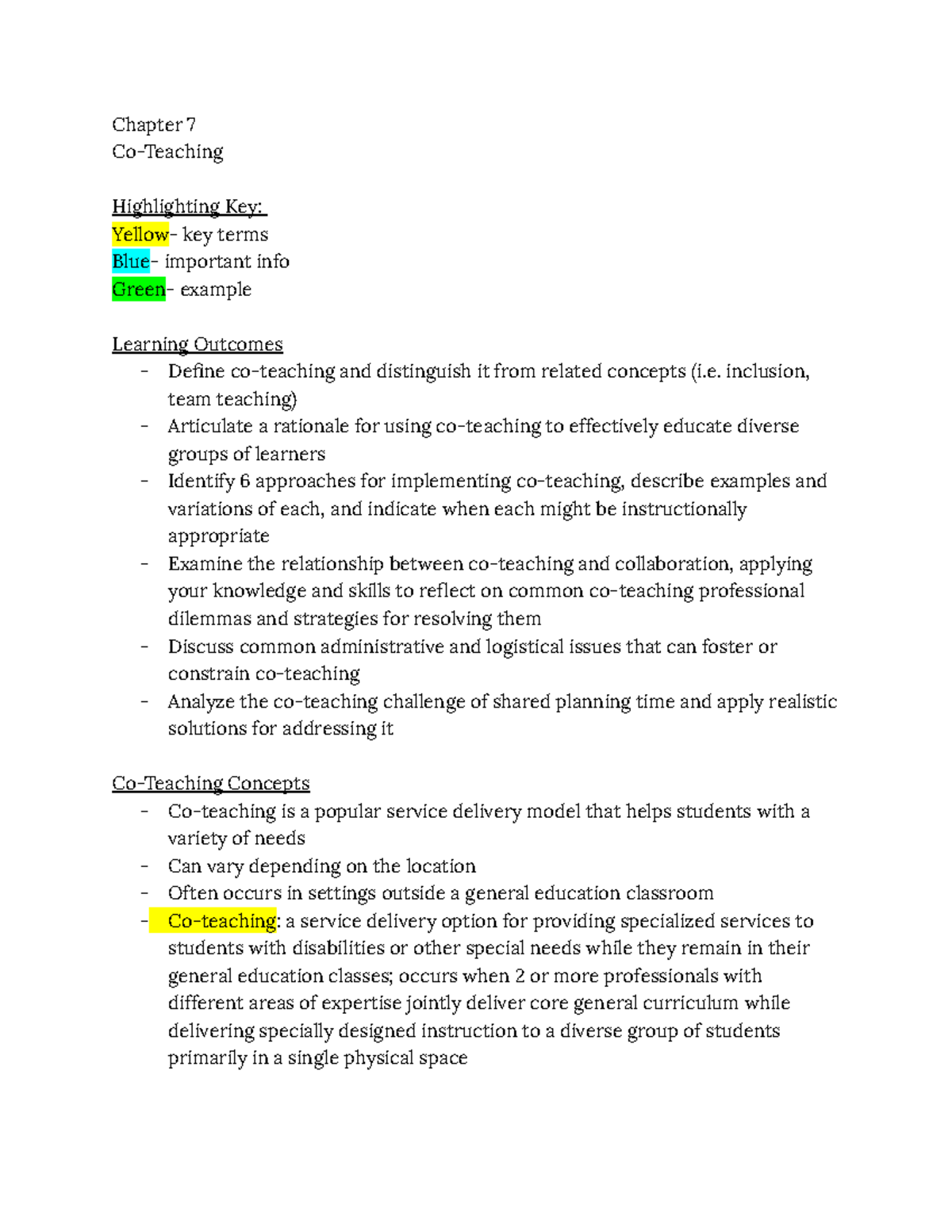 Chapter 7 Co-Teaching - Chapter 7 Co-Teaching Highlighting Key: Yellow ...