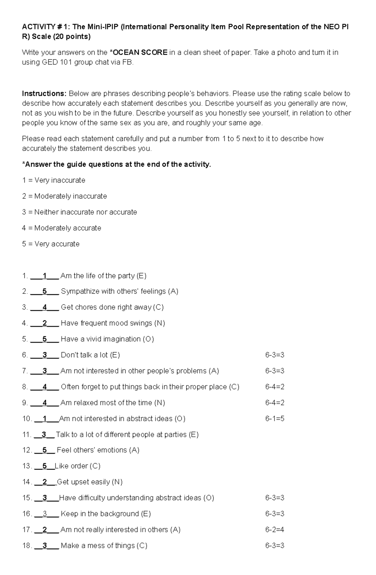 Activity 1 UTS, understanding the self - ACTIVITY # 1: The Mini-IPIP (International Personality ...