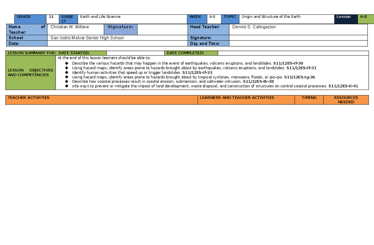 Earth and life Sciences week 7-8 Q1 - GRADE 11 SUBJE CT Earth and Life ...