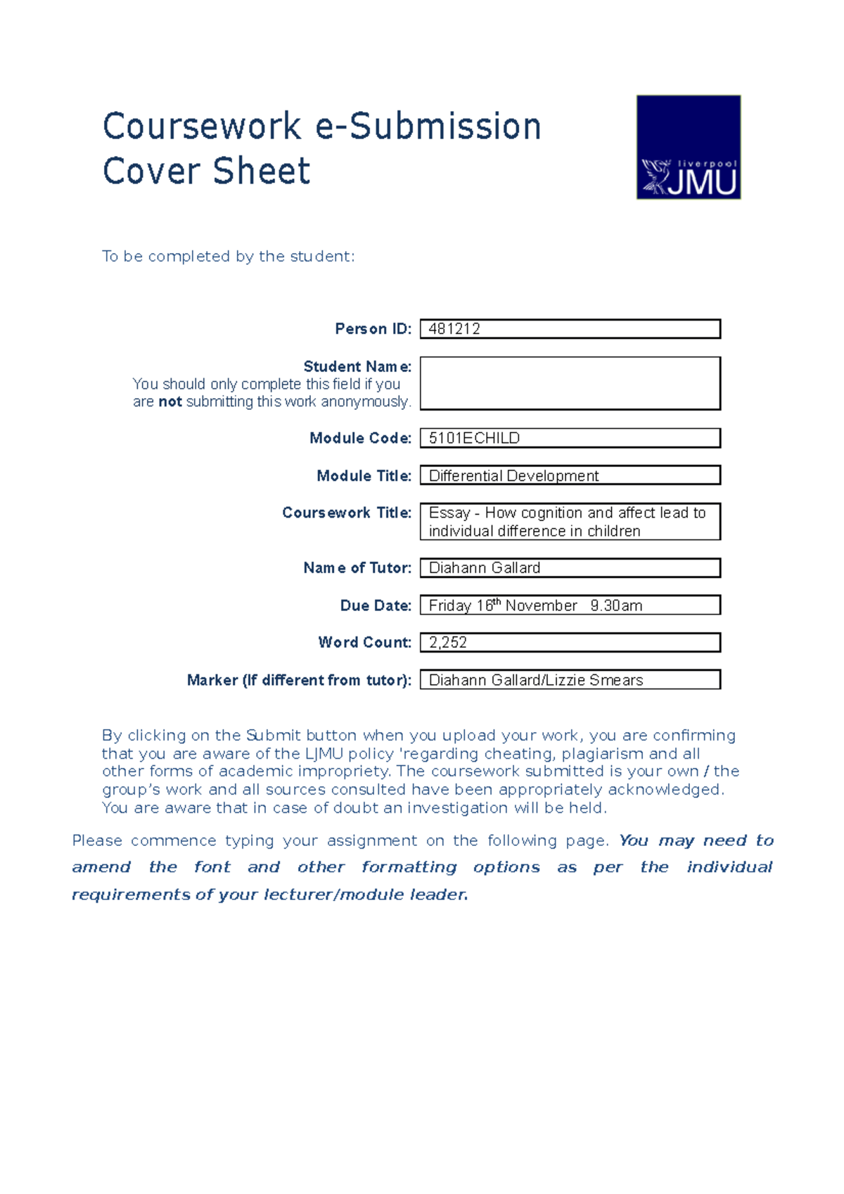 Differential development-assessment 1- cover sheet - Coursework e ...