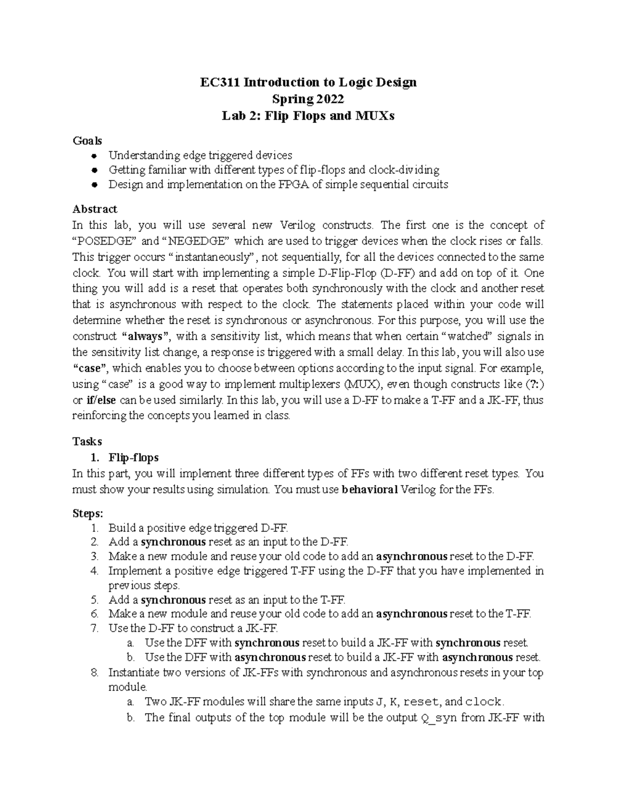 Ec311 Verilog Lab2 Prof Tali Moreshet Ec311 Introduction To Logic Design Spring 2022 Lab 2 6304