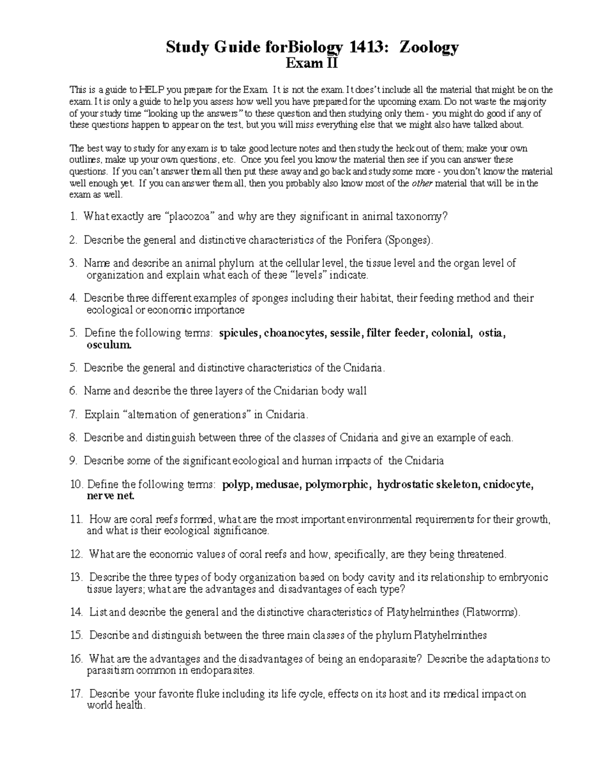 1413study guide Ex II - General Zoology Lecture Notes and Handout ...