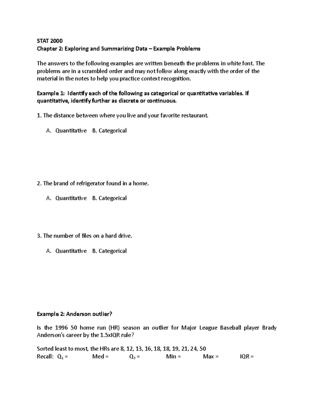 Chapter 2 Examples F22 - assignment - STAT 2000 Chapter 2: Exploring and Summarizing Data ...