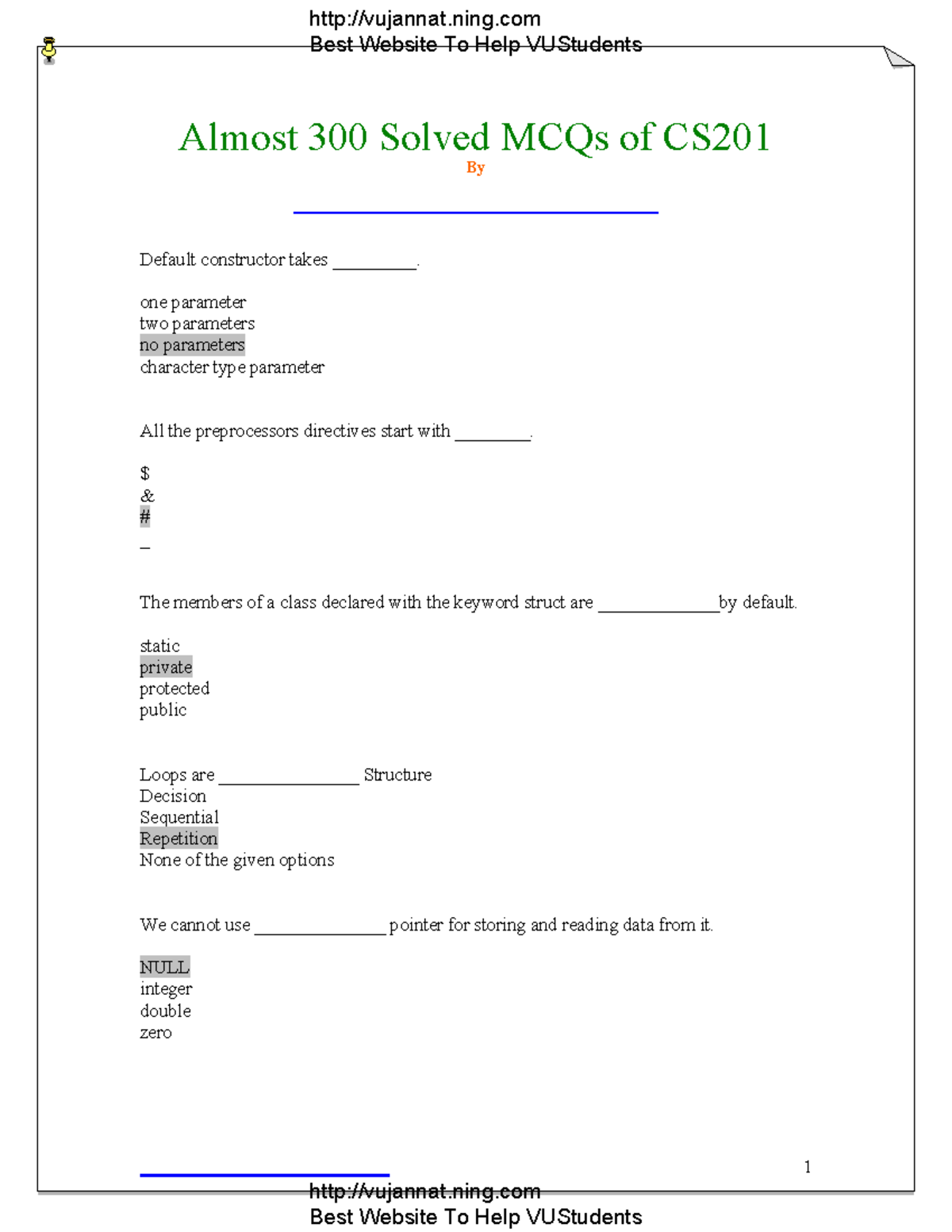 49192415 Almost 300 Solved MCQs of CS201 Introduction To Programing - 1 ...