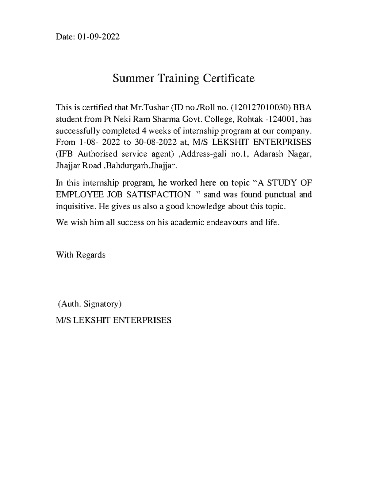 30 Tushar 30 - Useful - Date: 01-09- Summer Training Certificate This ...