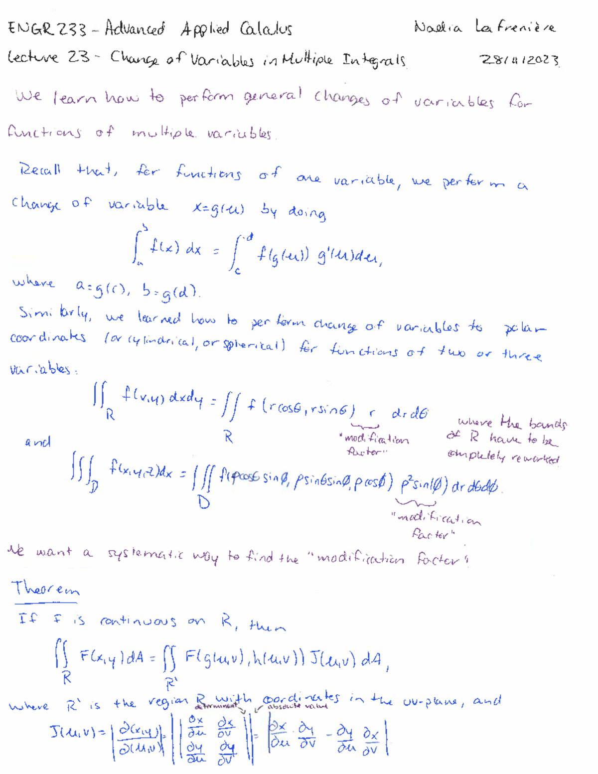 Lecture 22 - Change of variables for multiple integrals - ENGR 233 - Studocu