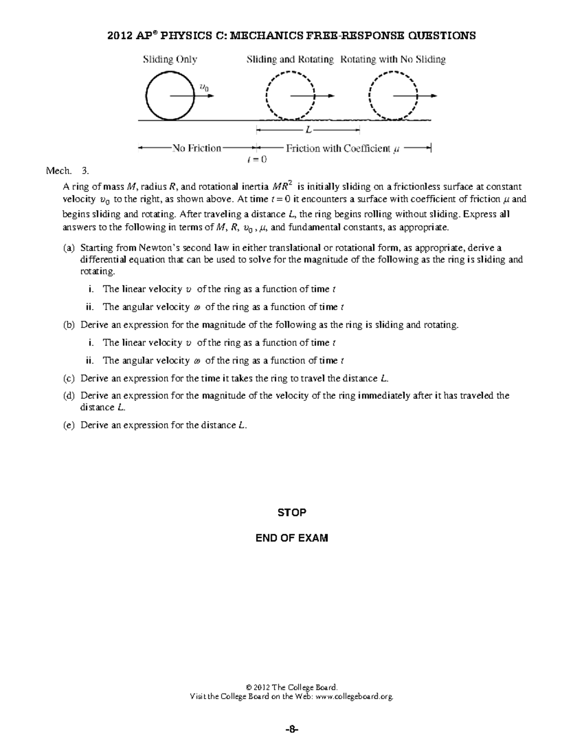 AP® Physics C Mechanics 2012 Free-Response Questions - 2012 AP® PHYSICS ...