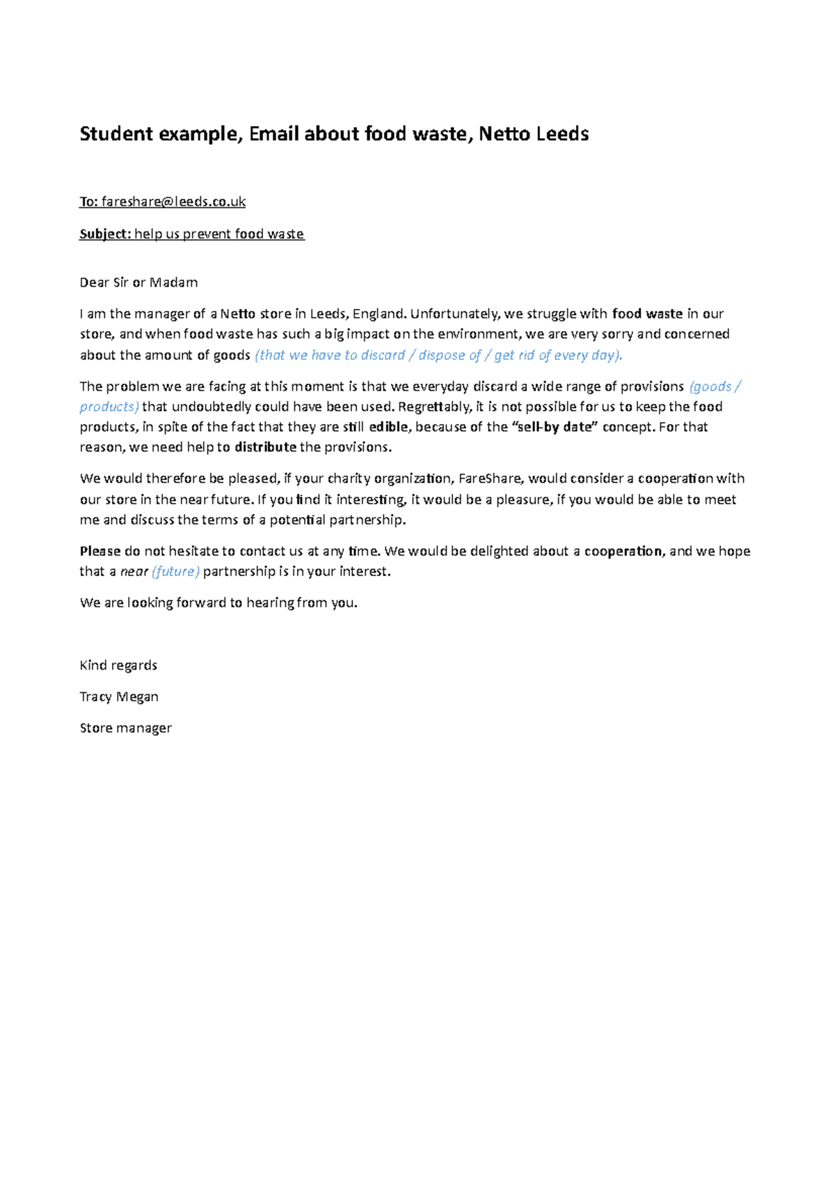 Email example - Student example, Email about food waste, Netto Leeds To ...