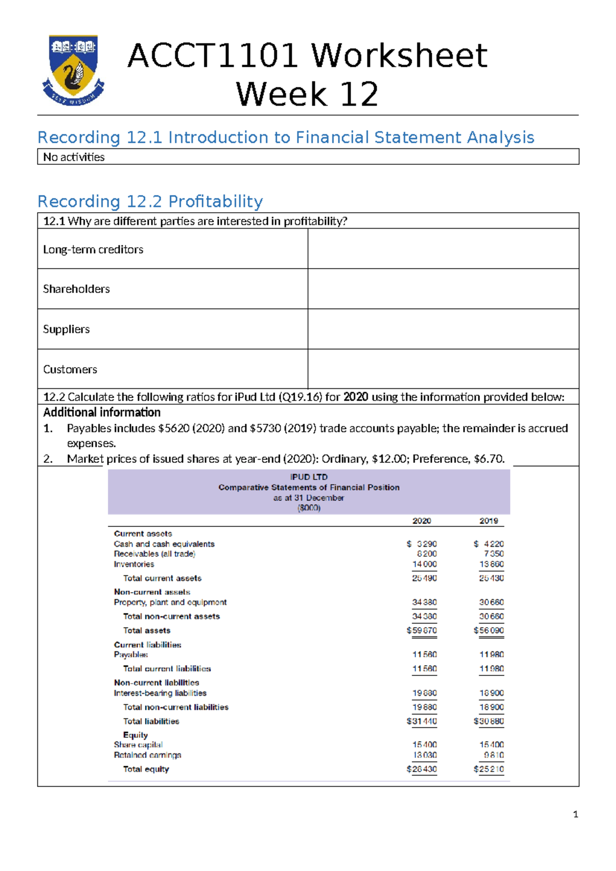 ACCT1101 Worksheet Week12 - ACCT1101 Worksheet Week 12 Recording 12 Introduction to Financial ...
