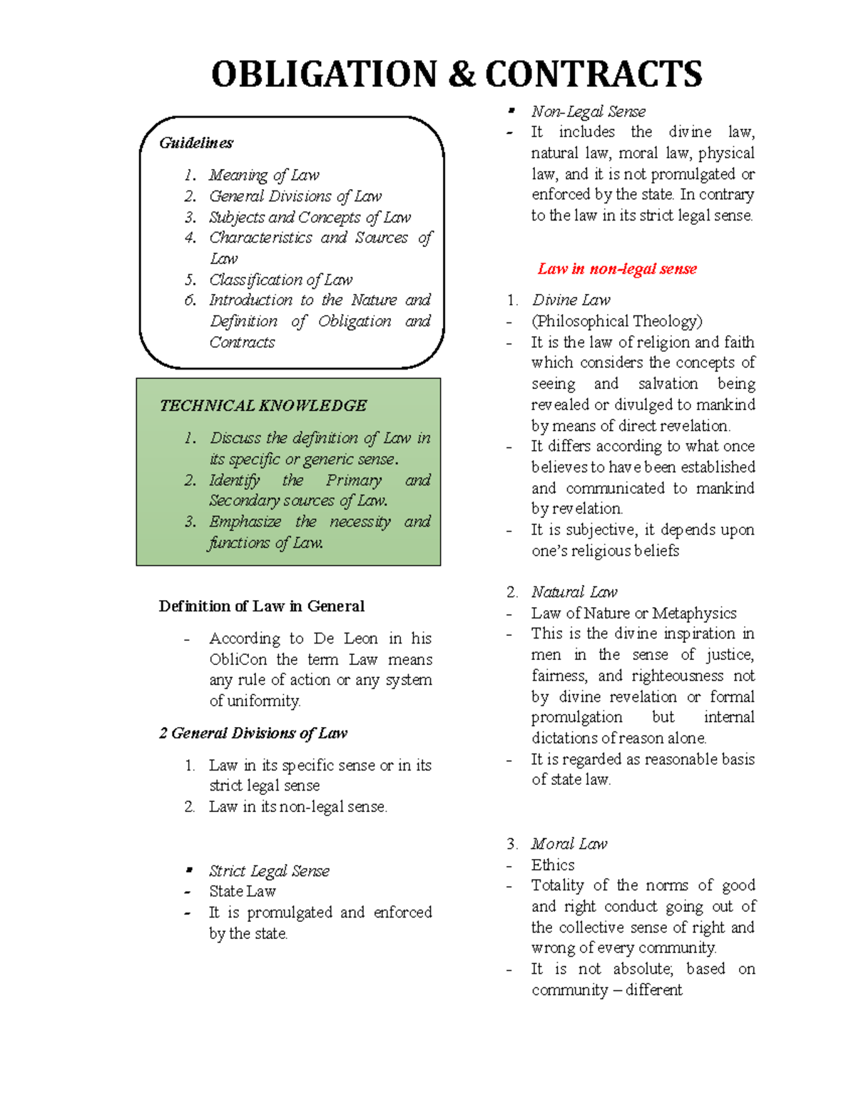 Obligation and Contracts (Introduction to Law) - Guidelines 1. Meaning ...