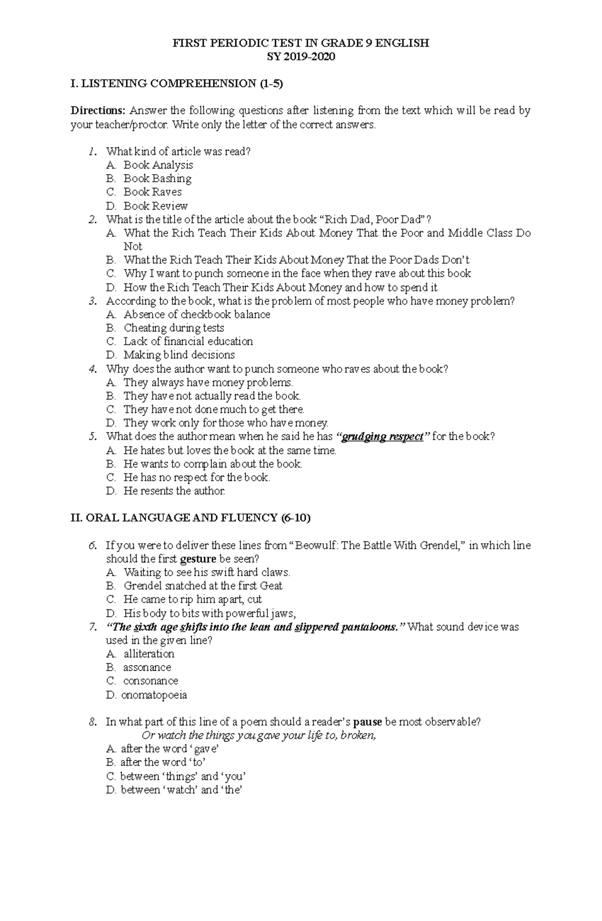 1st Periodic Test English 9 FIRST PERIODIC TEST IN GRADE 9 ENGLISH