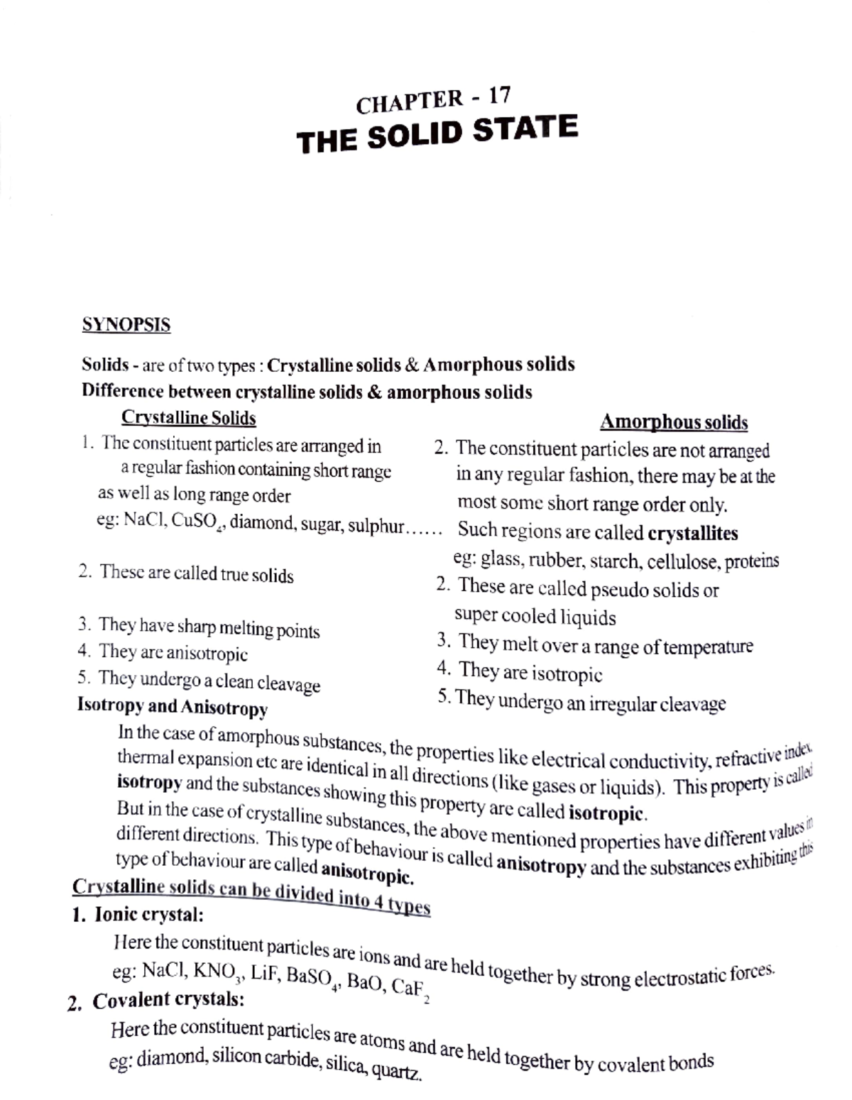 Solid state - CHAPTER - 17 THE SOLID STATE SYNOPSIS Solids-are of two ...