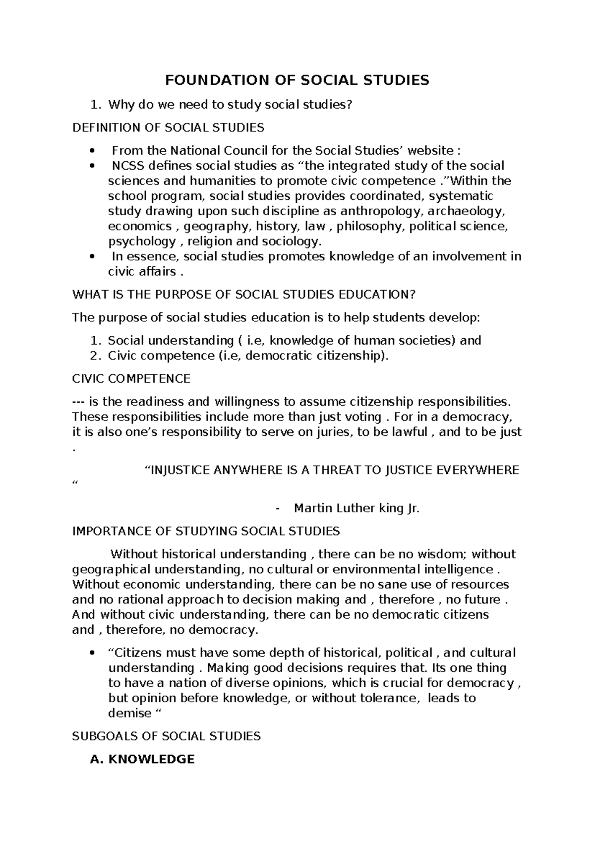 Foundation OF Social Studies - FOUNDATION OF SOCIAL STUDIES Why do we ...
