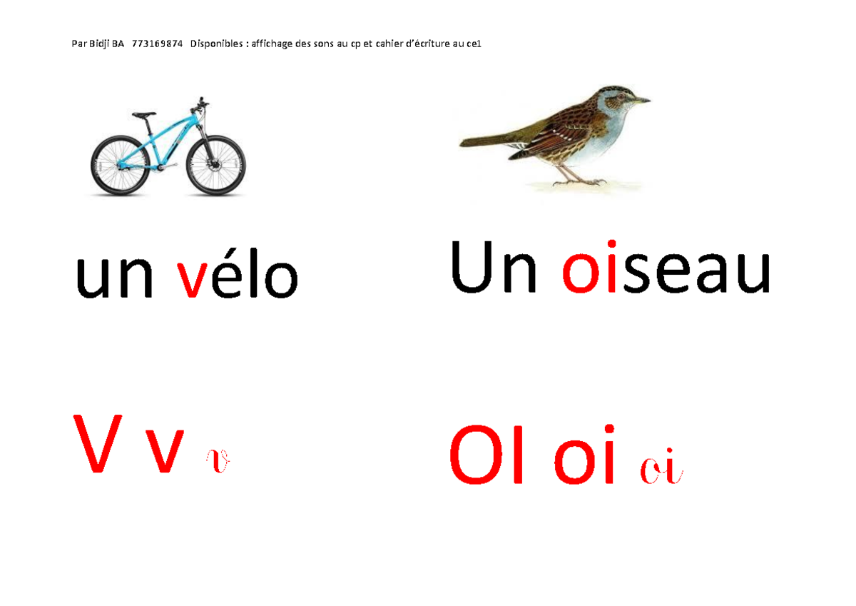 Affichage des sons au cp - ####### un vélo V v ####### Un oiseau OI oi ...