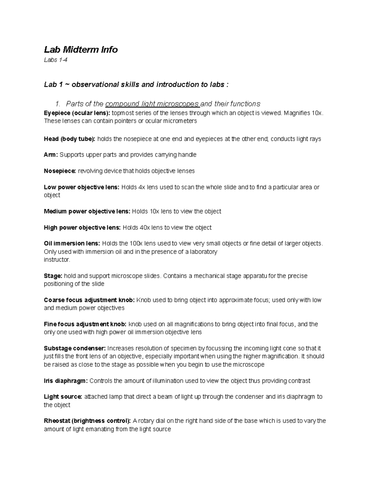 Lab Midterm Info - Labs 1-4 review - Lab Midterm Info Labs 1- Lab 1 ~ observational skills and ...